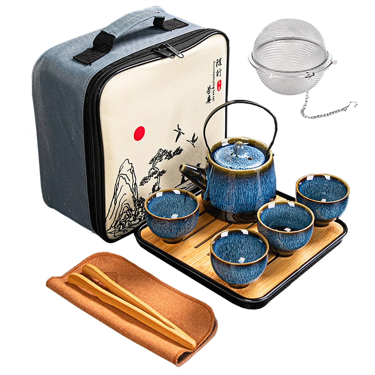 Chinese/Japanese Tea Set, Tea Sets for Women/Adults,Gongfu/Porcelain Tea Set,Tea tray and Filter Included,Suitable for Picnic and tTravel
