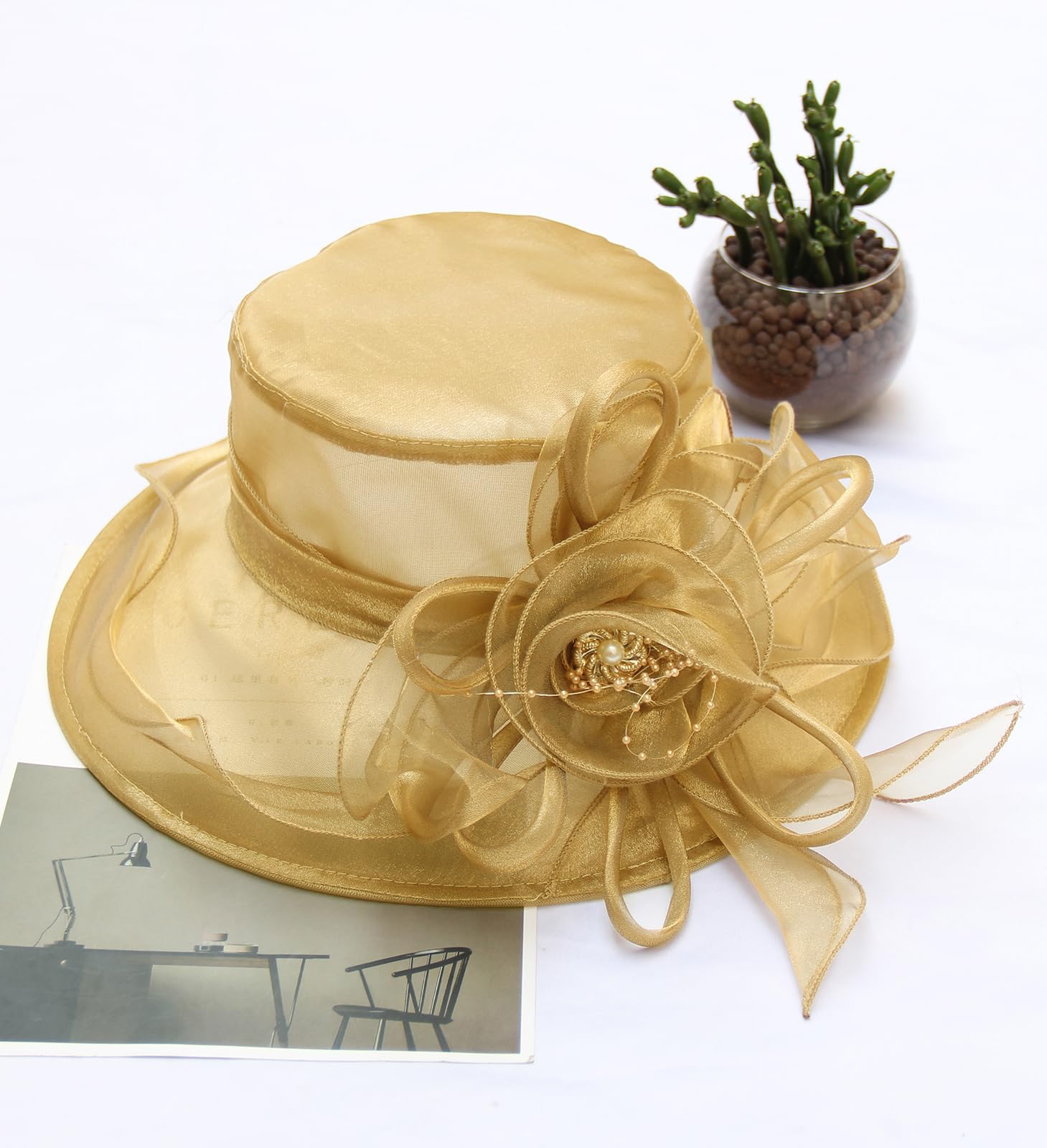RZTA Women's Kentucky Derby Church Dress Hat Wide Brim Leaf Flower Bridal Shower Hat B Beige