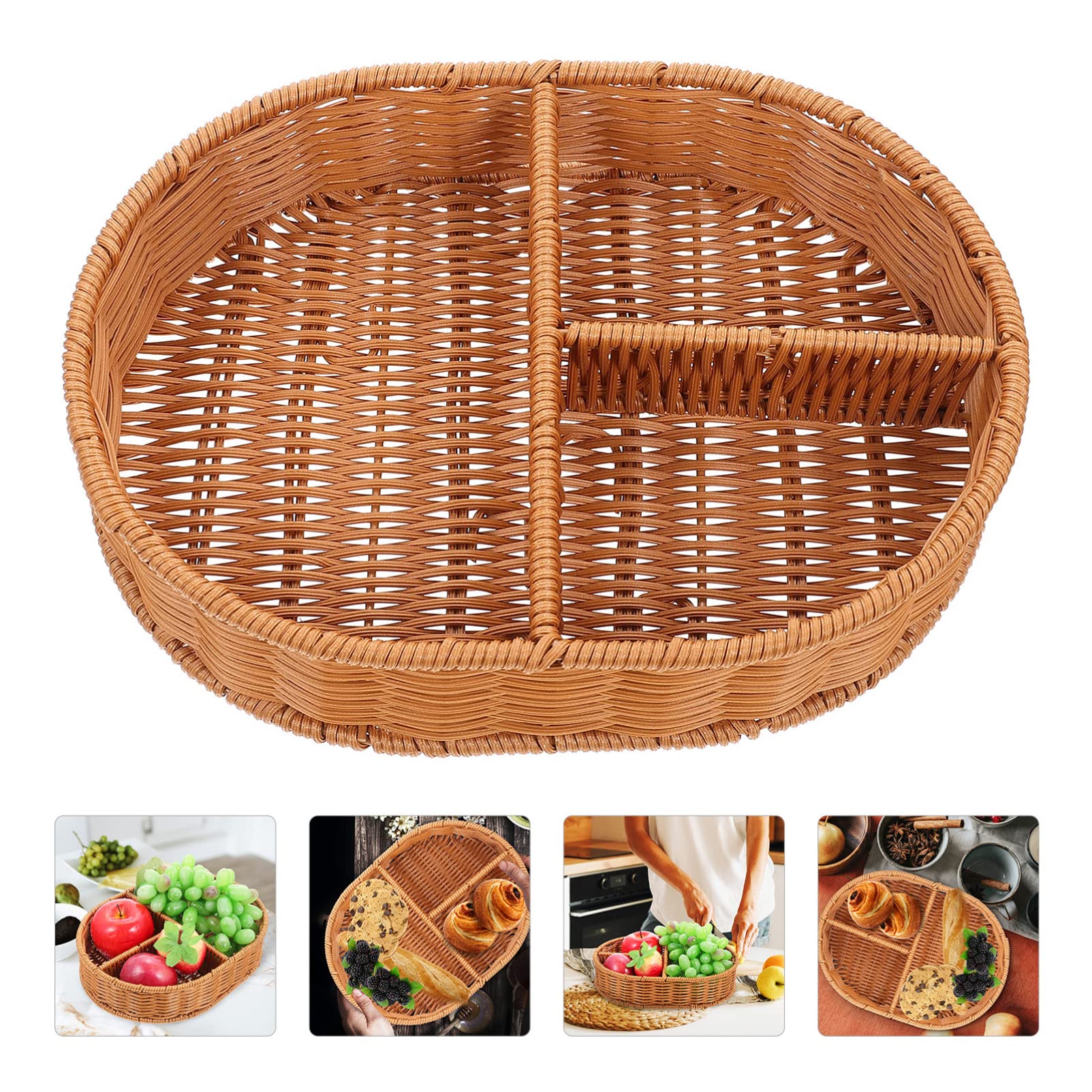 DOITOOL Rattan Serving Tray 3 Compartments Wicker Fruit Bread Basket Woven Ottoman Tray Rustic Cupcake Snack Candy Serving Platter for Appetizer Vegetable Storage