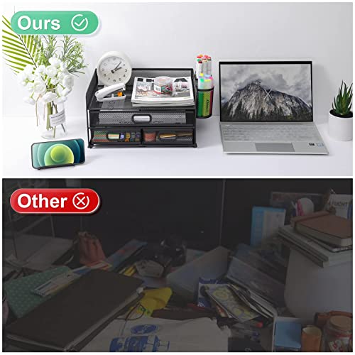 Desk Organizer with Drawers -3 Tier Desktop Organizer with Pen Holder and Drawer, Multi-Functional Desk Organizers and Accessories, Mesh Paper Organizer for Home Office Supplies(No Assembly)