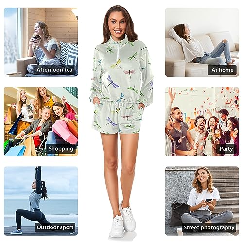 Kigai Colorful Dragonfly Jogging Suits for Women Lounge Cozy Long Sleeve Half Zip Lapel Collar Sweatsuit Set,M
