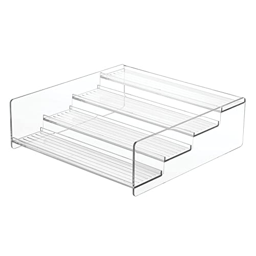 mDesign Plastic Kitchen Spice Bottle Rack Holder, Food Storage Organizer for Cabinet, Cupboard, Pantry, Shelf - Holds Spices, Jars, Baking Supplies, 4 Levels, 2 Pack - Ligne Collection - Clear