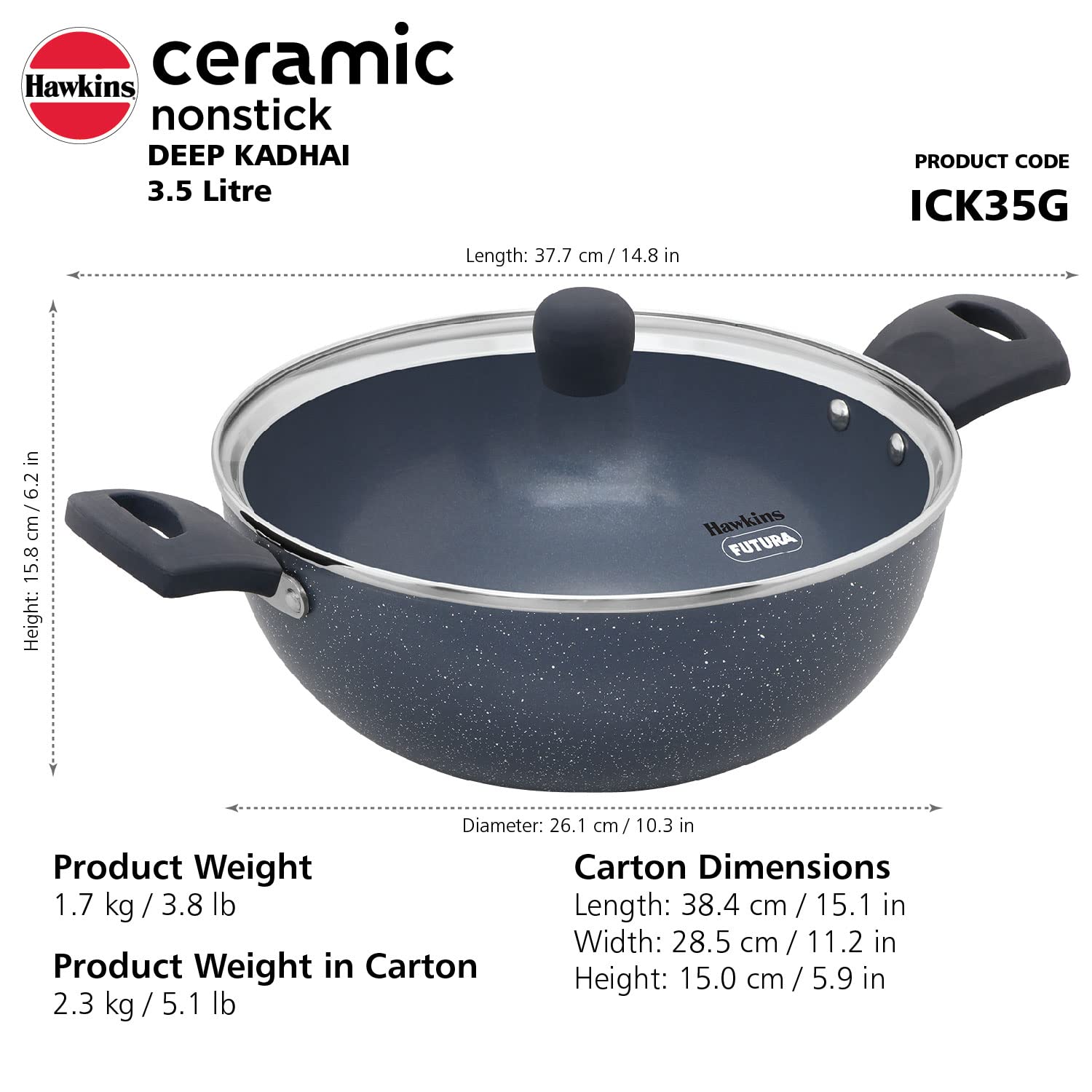 HAWKINS Ceramic Nonstick 3.5 Litre Deep Kadhai, Induction Deep Fry Pan with Glass Lid, Granite Kadai (ICK35G)