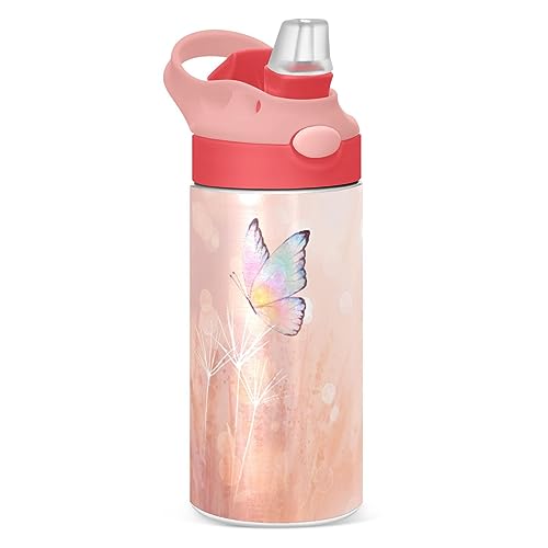 Kigai Flowers Butterfly Pink Kids Water Bottle, Insulated Stainless Steel Water Bottles with Straw Lid, 12 oz BPA-Free Leakproof Duck Mouth Thermos for Boys Girls