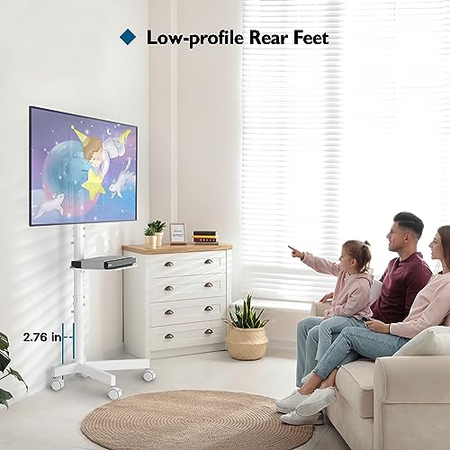 Mobile TV Cart for 23-60 Inch LED LCD Flat Curved Screens TVs, Rolling TV Stand with Locking Wheels Holds Up to 55lbs, Height Adjustable Portable Stand with Media Shelf Tray, Max VESA 400x400mm(White)