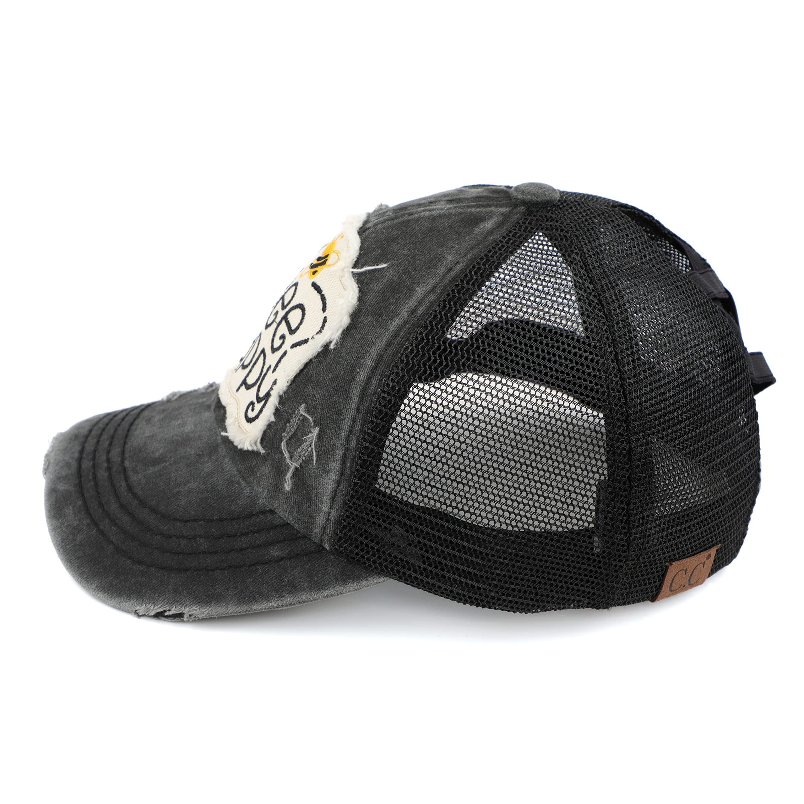 C.C Exclusives Washed Distressed Embroidered Patch Cotton Denim Criss-Cross Ponytail Hat Adjustable Baseball Cap (BT-1002) (A Elastic Band-Bee Happy Black)