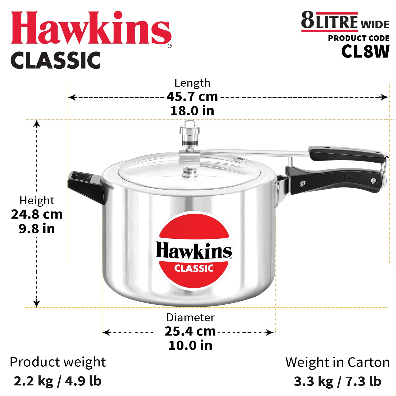 Hawkins Classic CL8W 8 L Aluminum Pressure Cooker, Medium, Silver, 8-Liter Wide Body