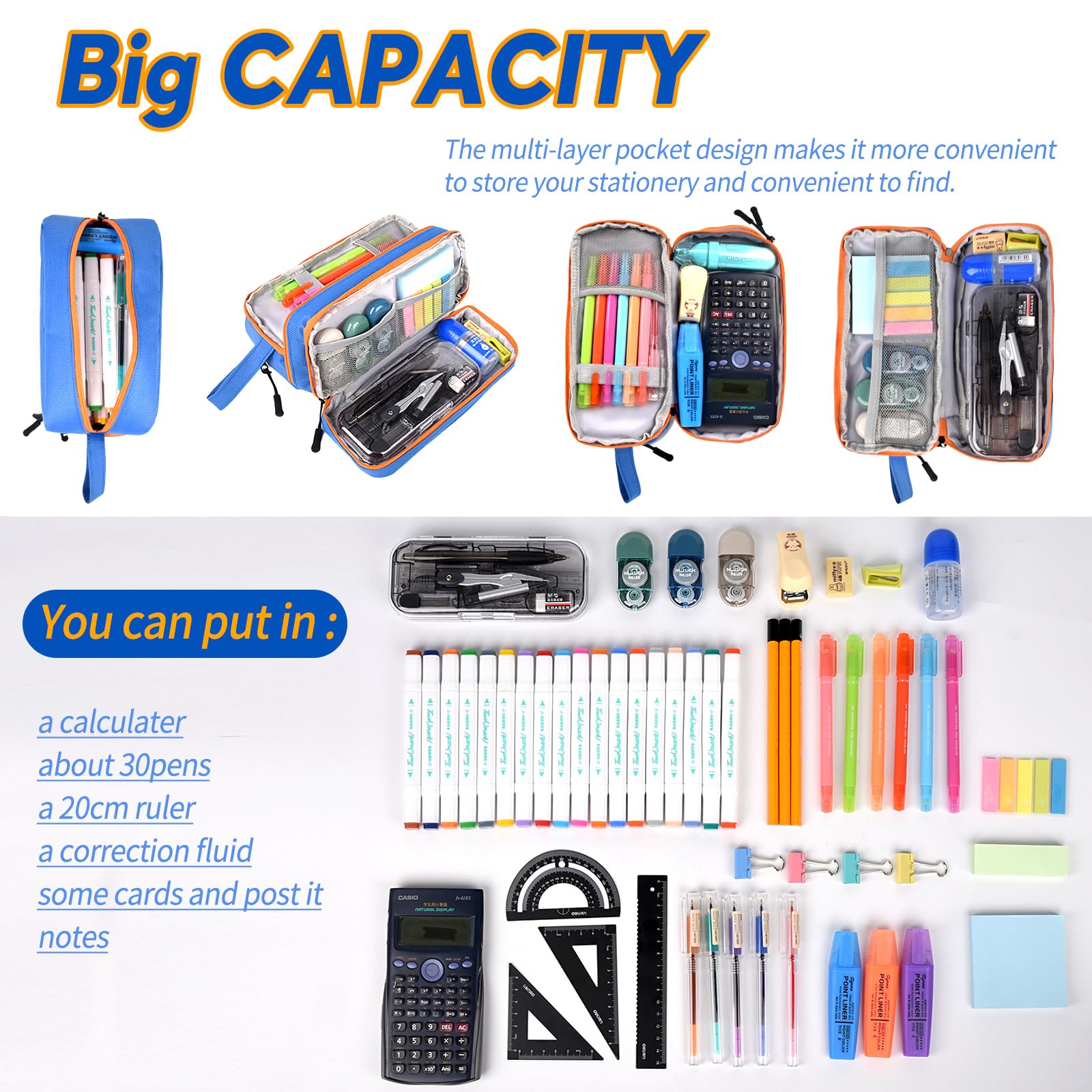 Genteen Large Capacity Pencil Case,Multifunction Pencil Pouch,Pencil Bags with Zipper 3 Compartments Pencil case organizer for Office Adult(Blue)