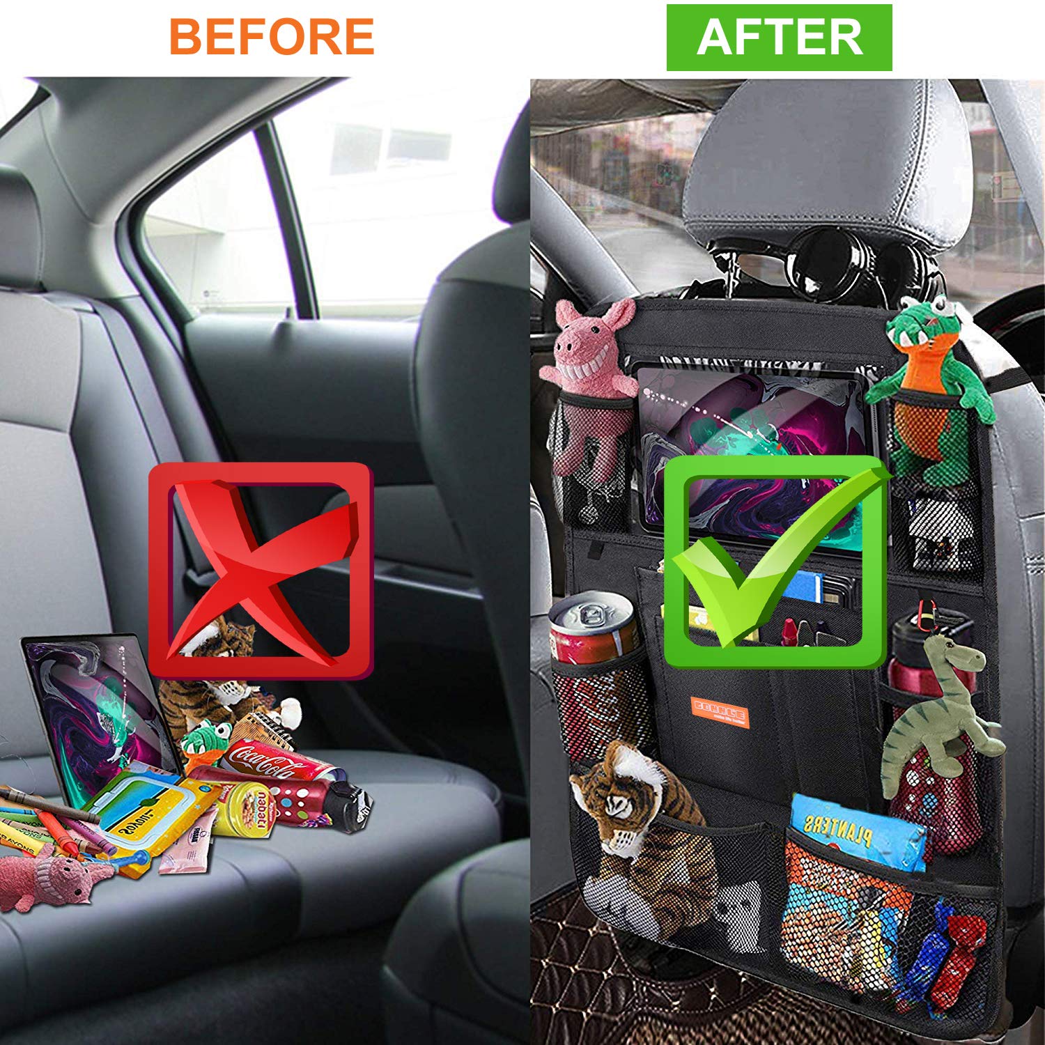 Car Backseat Organizer for Kick Mat, Extended Size and Larger Pockets Car Back Seat Protector with 11" Screen Tablet Holder + 19 Storage Pockets for Toy Bottle Tissue Box Travel Accessories (2 Pack)