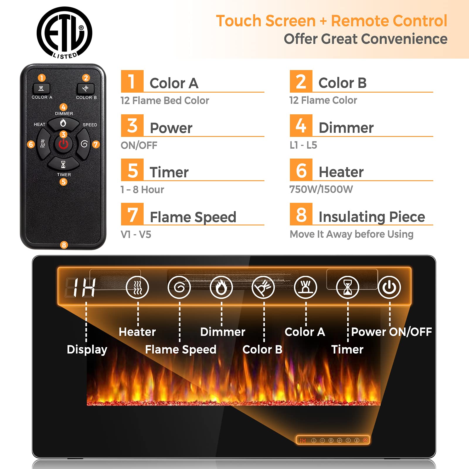 COSTWAY 36-Inch Electric Fireplace, 750W/1500W Wall Recessed and Mounted Fireplace Insert with Remote Control, 12 Flame Colors, 5 Brightness Settings, 8 H Timer, Fireplace Heater for Indoor Use