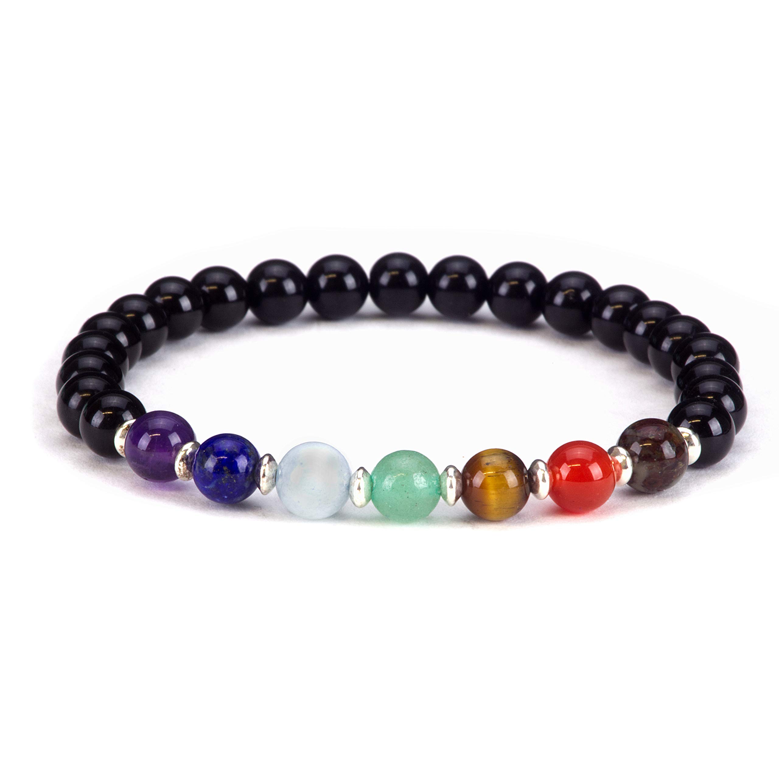 Cherry Tree Collection Natural Genuine Gemstone Chakra Stretch Bracelet | 6mm Beads, Sterling Silver Spacers | Men/Women (Black Tourmaline - Medium)
