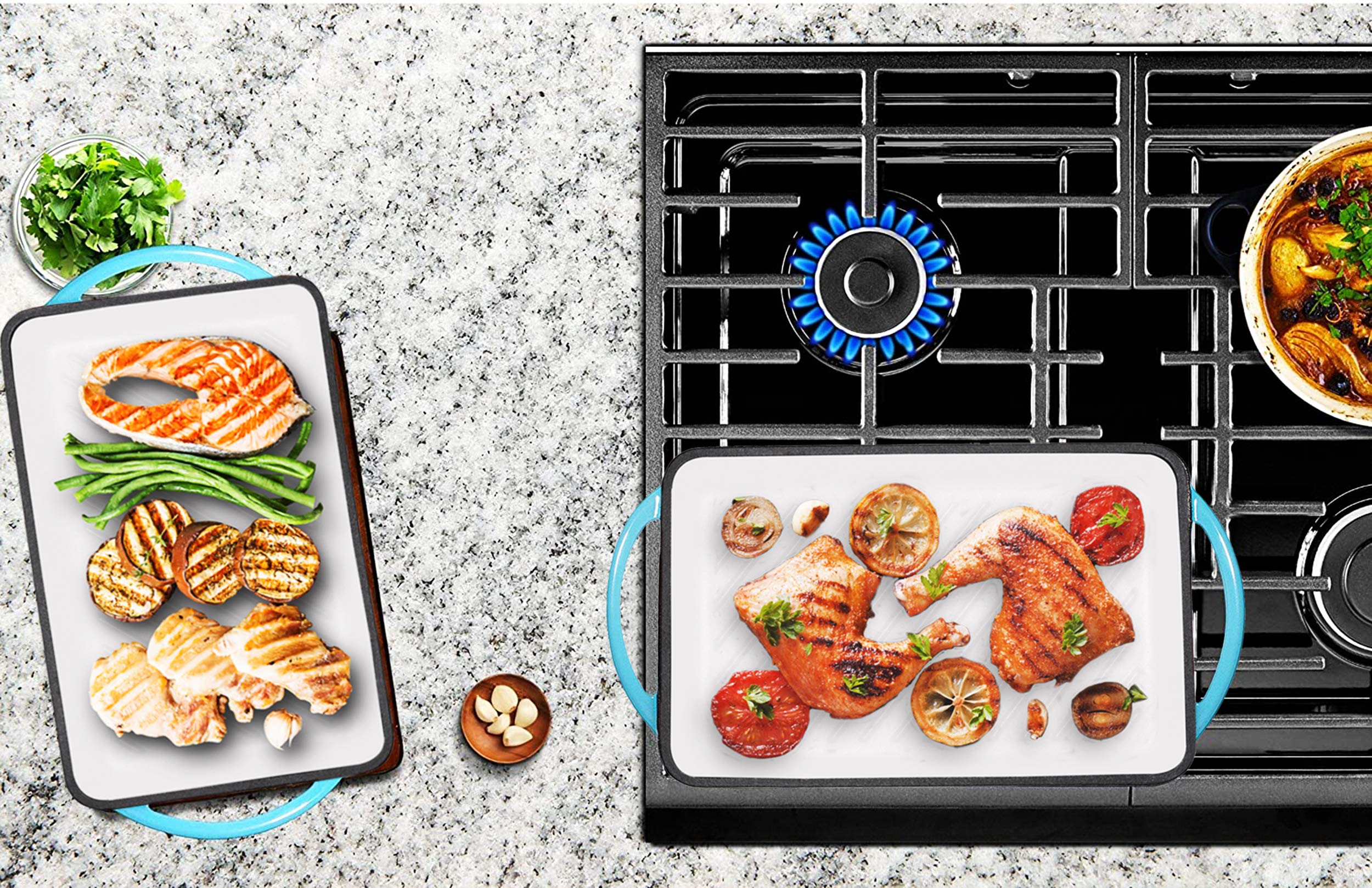 Enameled Cast-Iron Rectangular Grill Pan with Ridges, Oven Safe, Non-Stick Coating, Loop Handles, 9.5" x 13.5", Enameled Blue