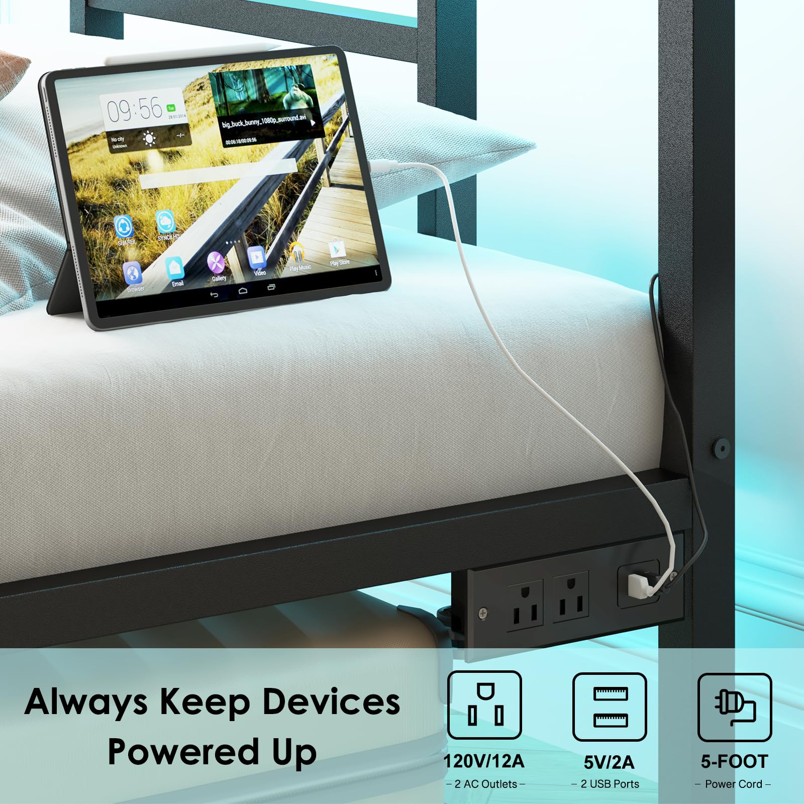 Fixwal Twin Bed Frame with Charging Station, Metal Bed Frame with Port and Outlet, Black