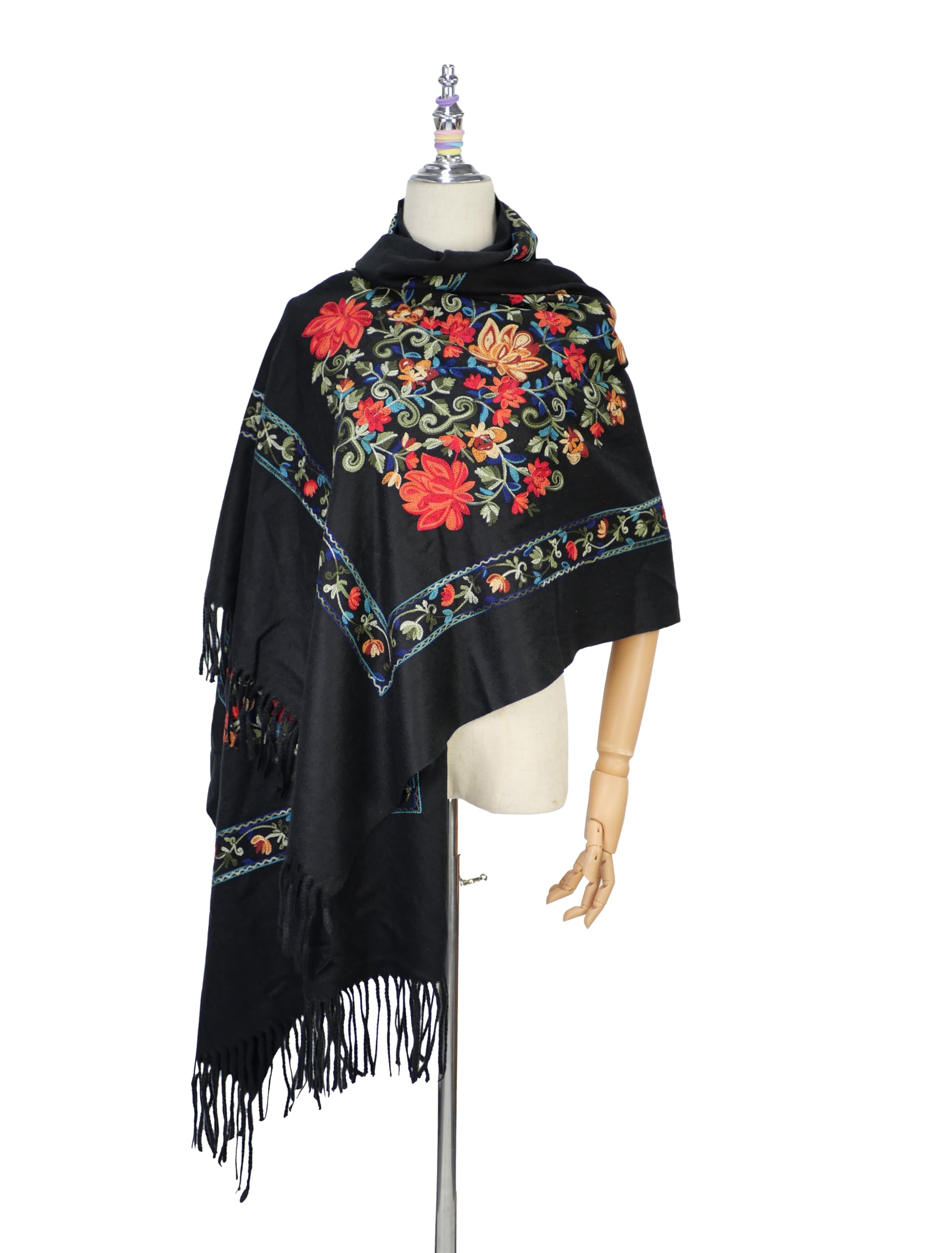 DOFOTAWN Women’s Embroidered Oversize Tassel Pashmina Shawl Scarf Gift for Women (black)