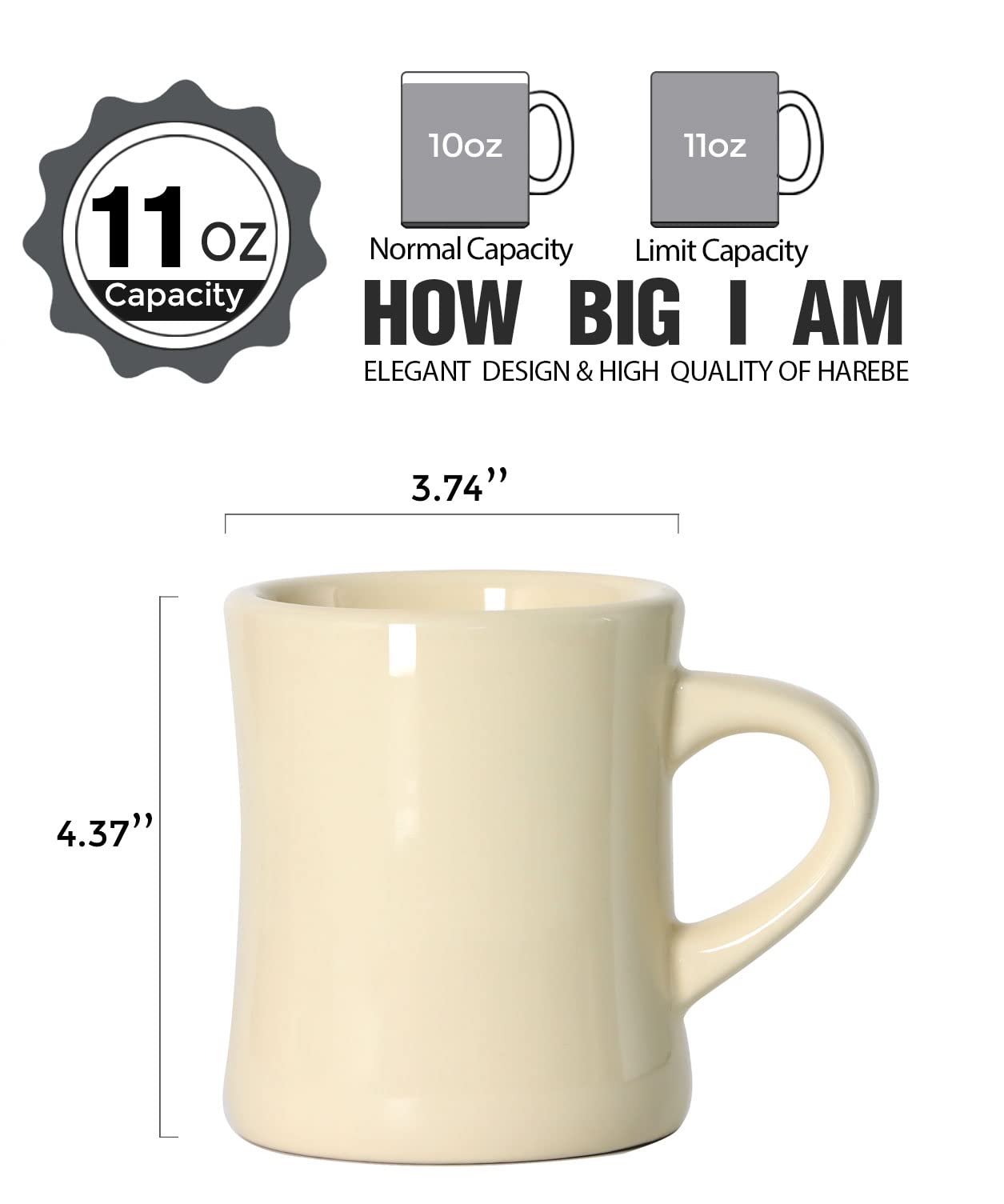 harebe Retro Coffee Cup Set of 4, 10 OZ Heavy Classic Ceramic Diner Mugs Set with Handle for Coffee, Tea, Cocoa, Milk, Latte(Cream)