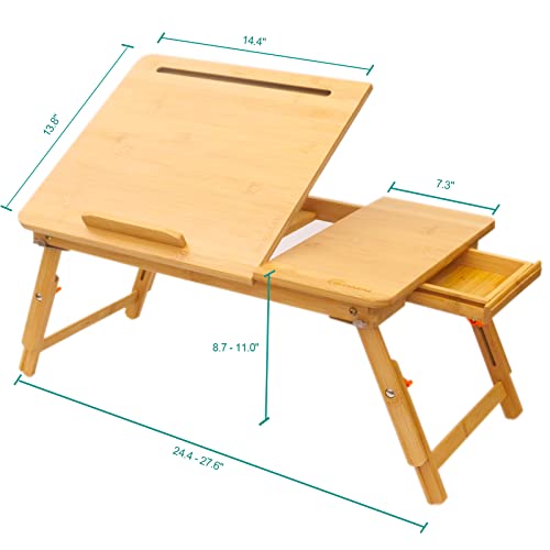 Laptop Lap Desk, COIWAI Laptop Desk for Bed, Bamboo Adjustable Angle and Height, Foldable Table Stand with Tablet Phone Slot, Drawer, Portable Tray for Kids Netebook Breakfast Work Study Reading
