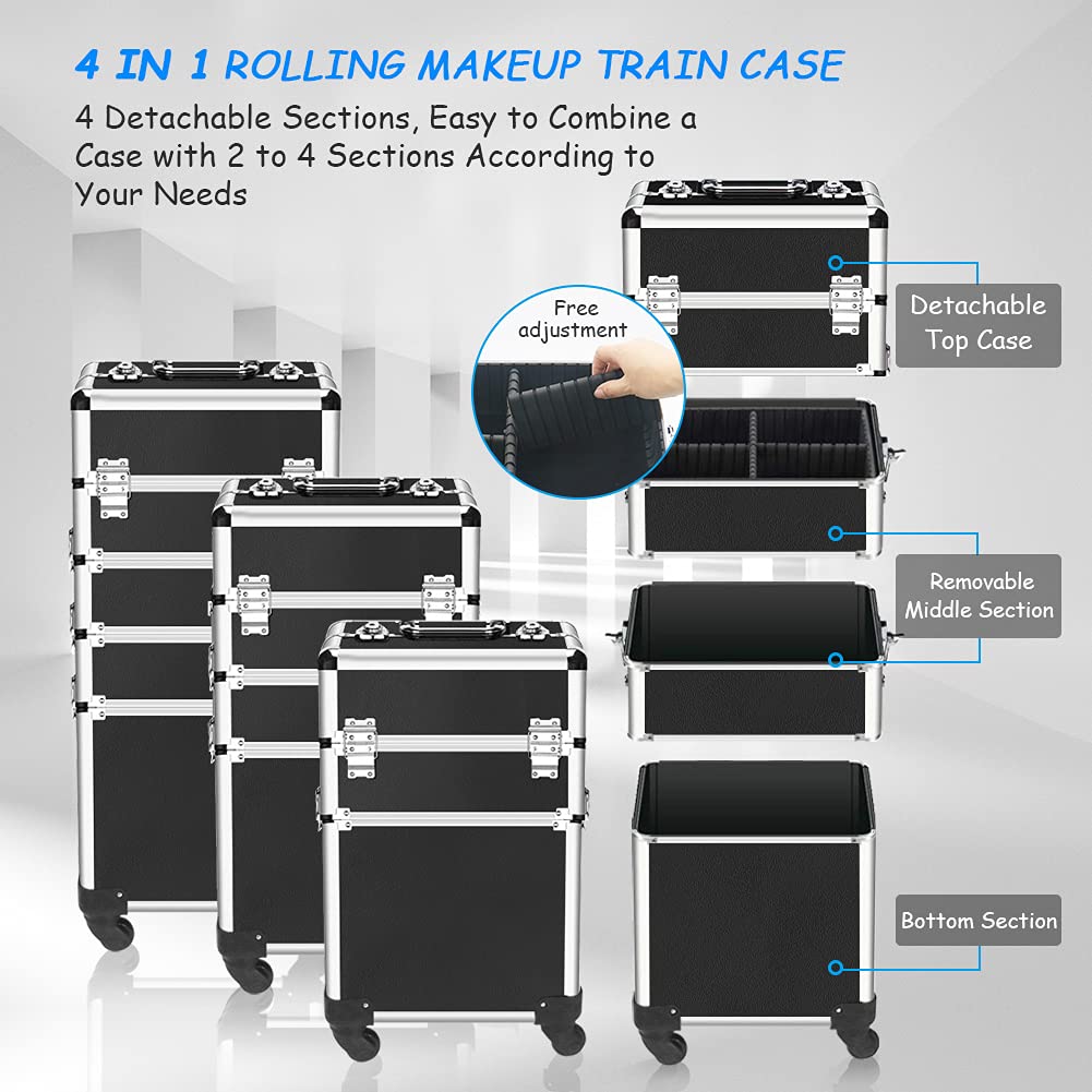 Cosmetic Rolling Makeup Train Case 4 in 1, Make Up Box Travelling Professional, Cosmetology Case on Wheels Pink Black Silver for Cosmetic, Hairstylist, Nail Technician, Tattoo