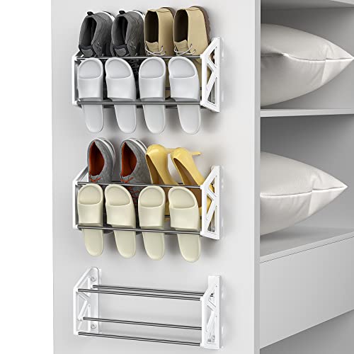 Yocice Wall Mounted Shoes Rack 3Pack/Can Store 6Pairs Sneakers and 6Pairs Slide Sandal,with Sticky Hanging Mounts, Shoes Holder Storage Organizer Shelf ,Door Shoe Hangers, SM07-17.5inch-3Pack(White)