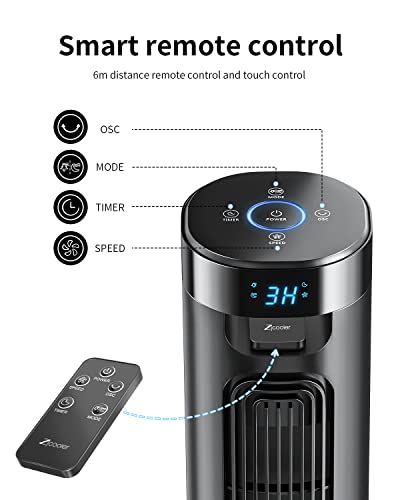 Tower Fan for Bedroom with Remote, 37" Oscillating Fan 21ft/s Velocity Quiet Tower Cooling Fan with 3 Speeds, 3 Modes, 8H Timer, Portable Bladeless Fan Space-Saving for Bedroom Living Rooms Office