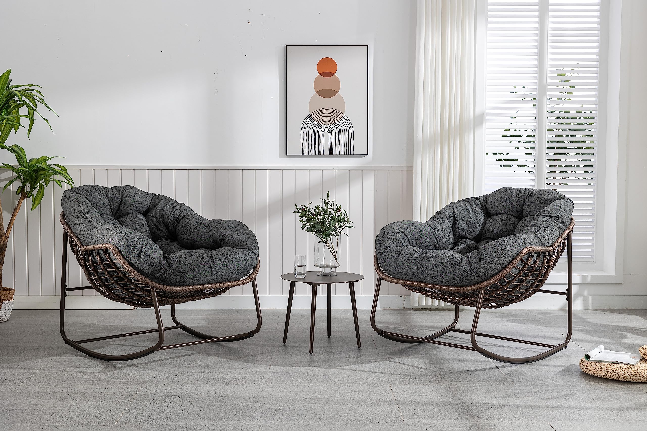 kikuwa Patio Rocking Chair, Indoor & Outdoor Backyard Oversized Rattan Egg Papasan Chairs, Comfy Upholstered Chairs, with Padded Cushion for Front Porch, Garden,Garden, Backyard (Grey)