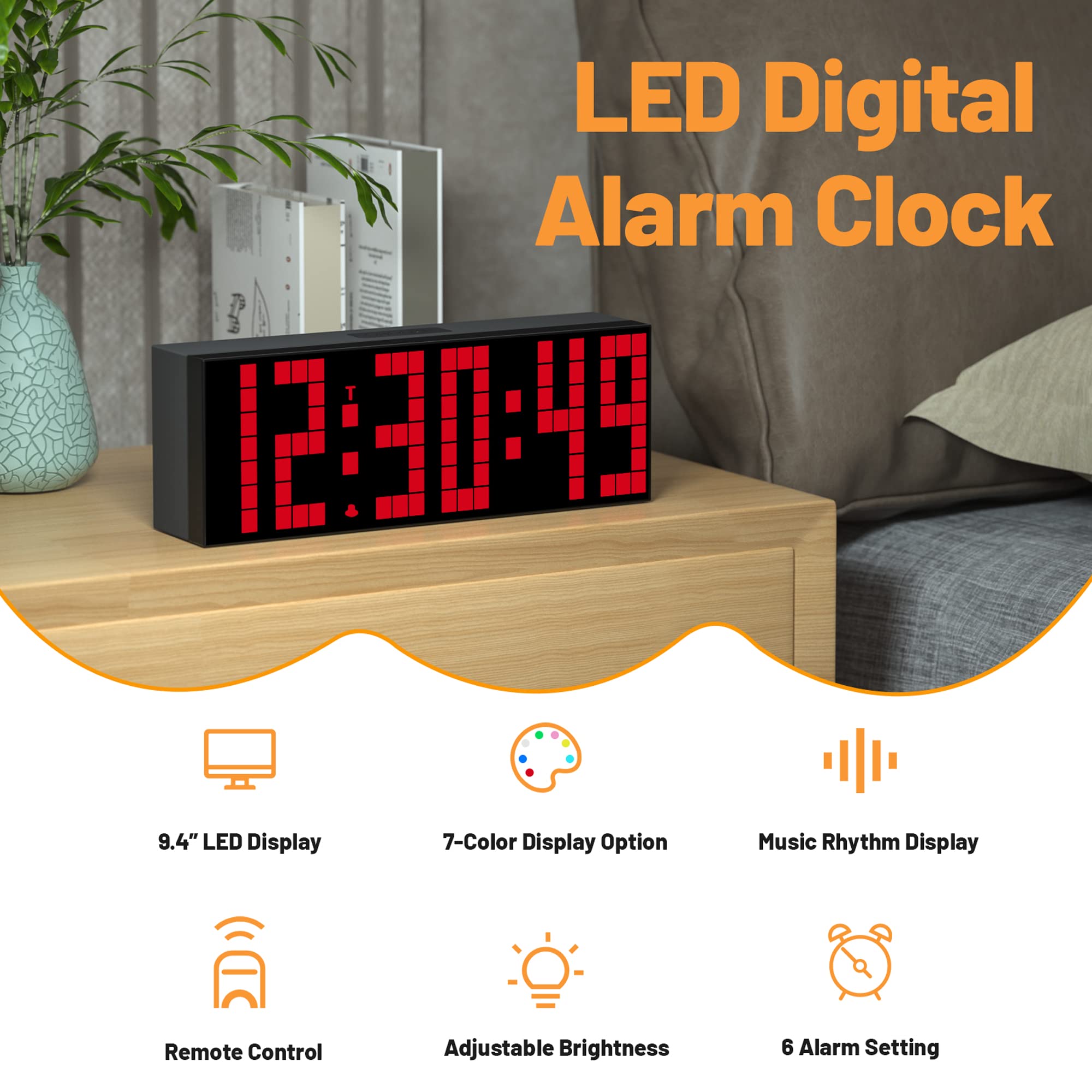 CHKOSDA Digital Alarm Clock, Led Clock with 2" Digital, 7 Color Options, Adjustable Brightness, Countdown Clock with Remote Control, Calendar and Temperature Display Desk Clock for Bedroom
