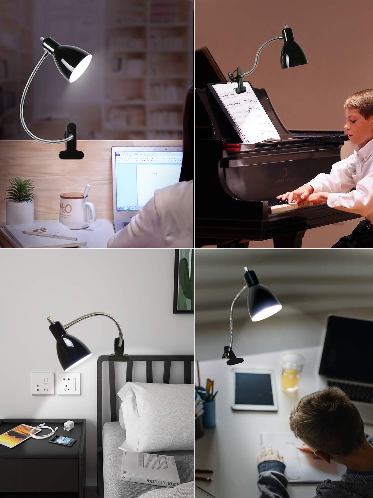 Desk lamp Eye-Caring Table Lamps, 360°Rotation Gooseneck Clip on Lamp Reading Light Portable Reading Book Light, Clamp Light, Study Desk Lamps for Bedroom and Office Home Lighting (Black)