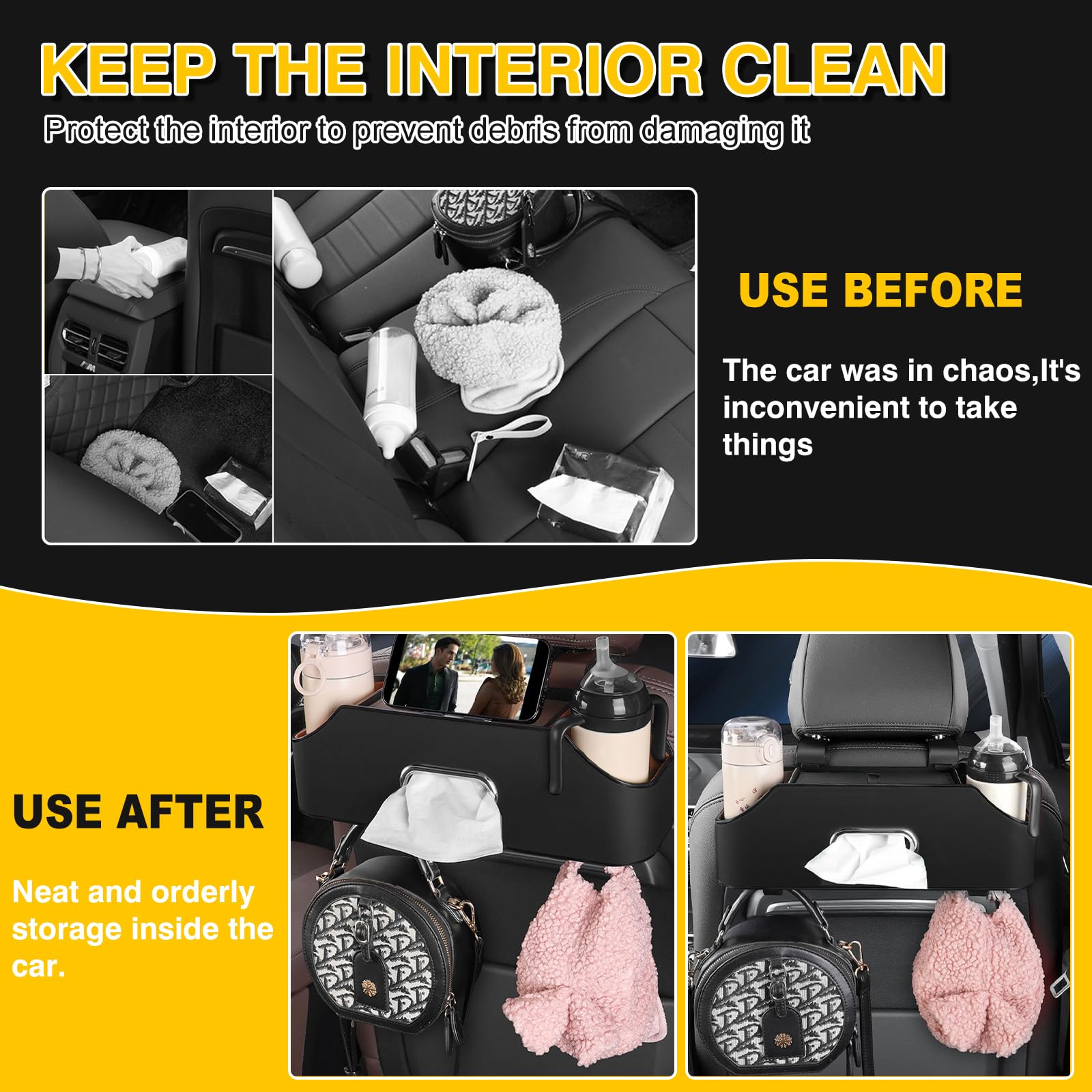 Car Headrest Organizer, 2024 Upgrade Multifunctional Rear Seat Car Storage 4 in 1 Seat Back Organizer with Cup Holder/Tissue Box/Phone Holder Car Travel Accessories(BLACK)