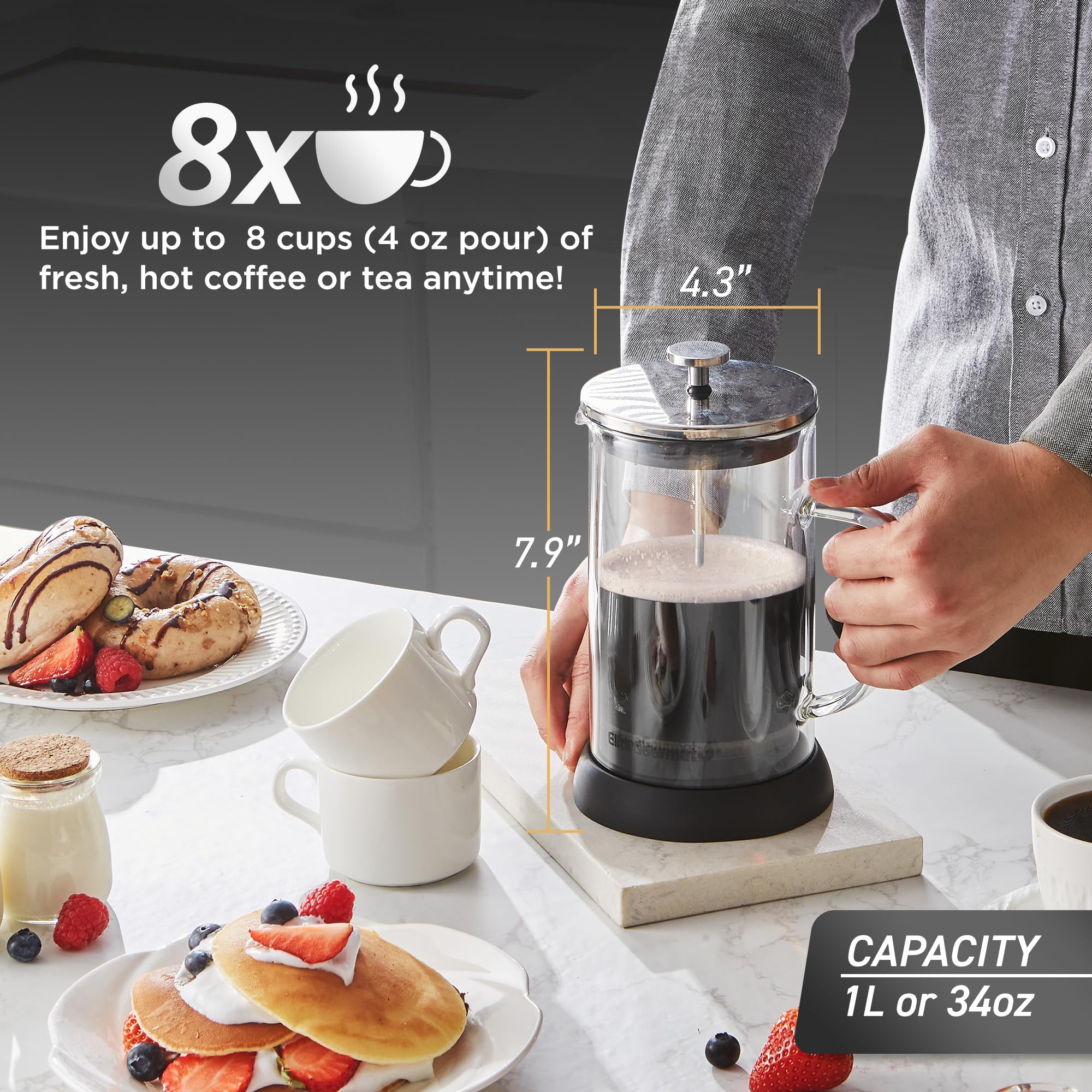 Elite Gourmet FP1223X French Press 34-Ounce, Double Wall Insulated Heavy Duty Thick High-Heat Borosilicate Glass, BPA-Free, Cold Brew Coffee Maker, 1-Liter