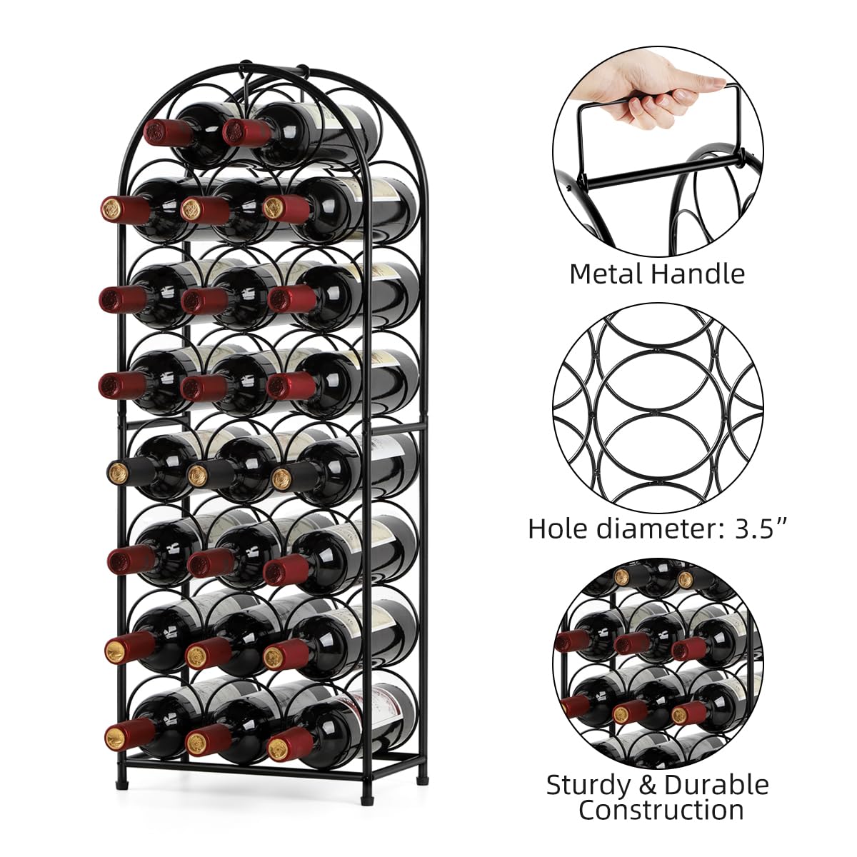 HEOMU 23 Wine Rack Freestanding Floor, Metal Wine Rack Wine Bottle Holder Stands Wine Storage Organizer Display Rack Table Wine Glass Rack for Bar Kitchen Dining Living Room, Black