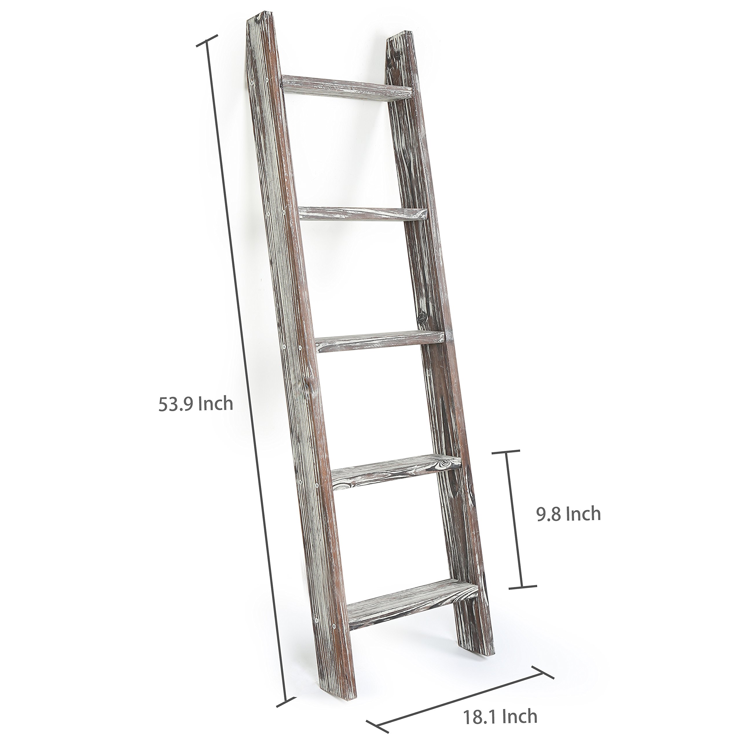 MyGift Torched Brown Wood Decorative Ladder Shelf, 4.5 Foot Wall Leaning Wooden Towel Blanket Ladder Storage Rack for Bathroom or Living Room