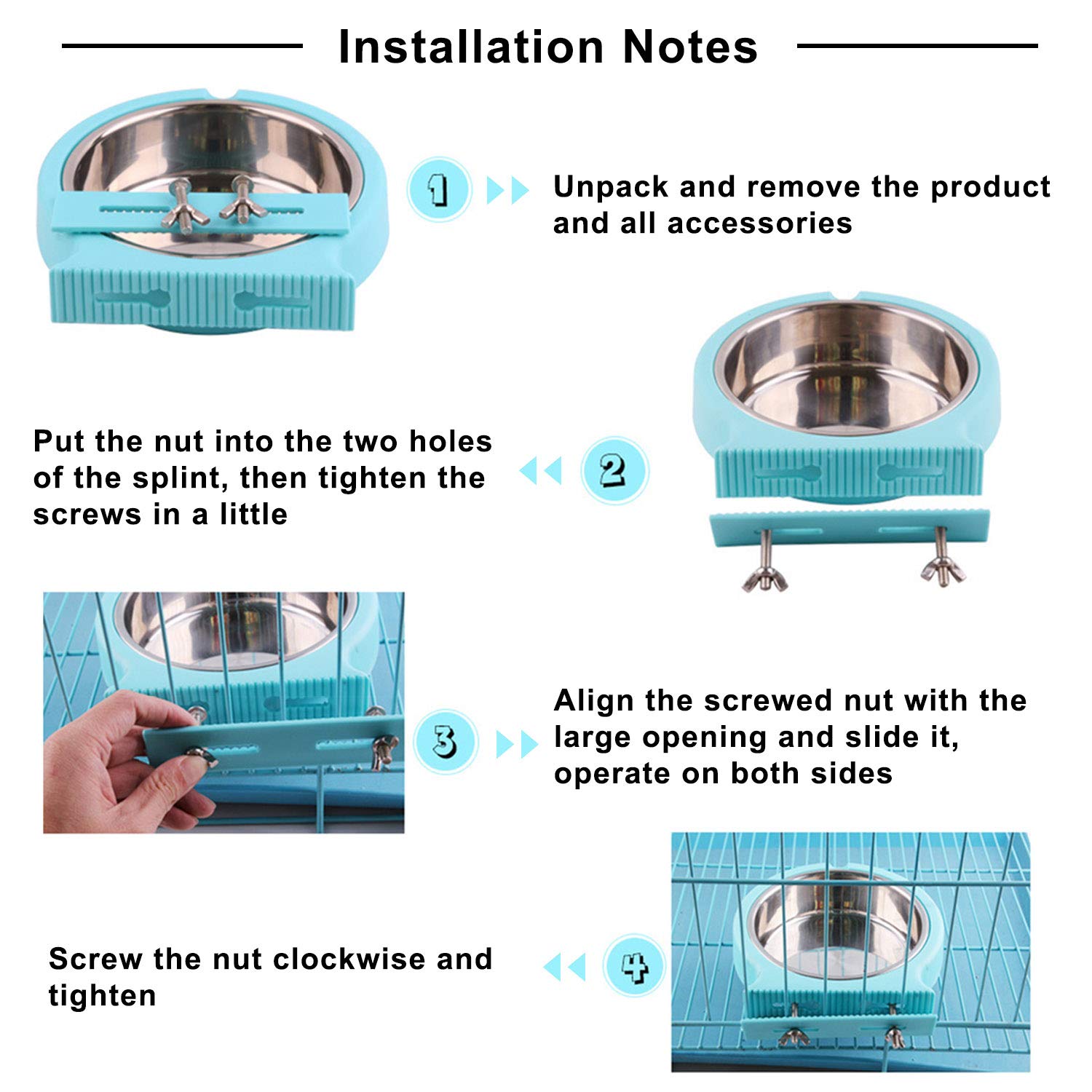 Crate Dog Bowl Removable Stainless Steel Water Food Feeder Bowls Cage Coop Cup for Cat Puppy Bird Pets (Small, Blue with Corrugated Clip)
