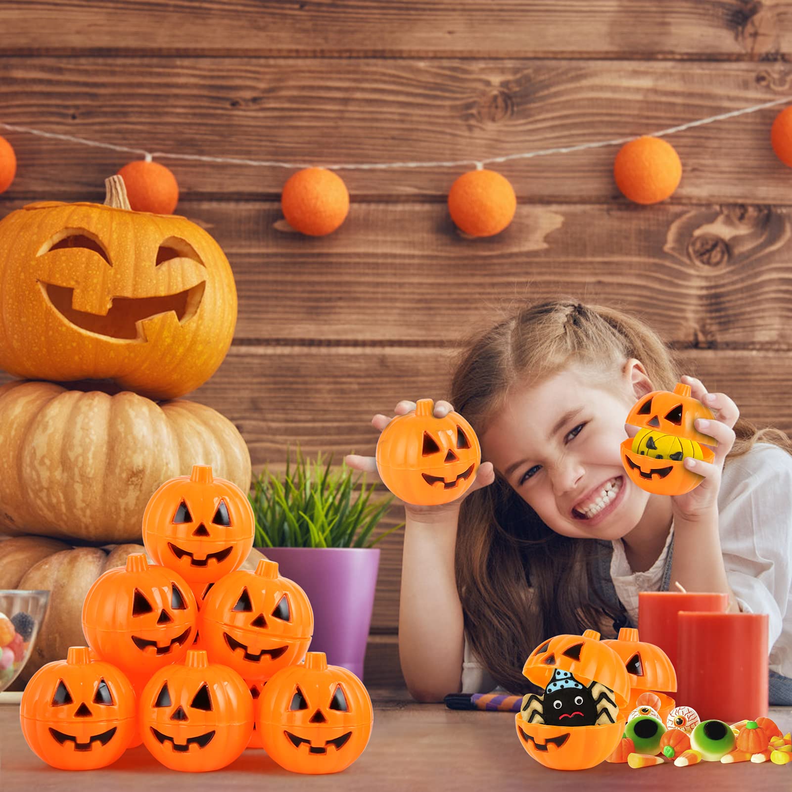 KESOTE Plastic Pumpkins for Candy Small Toys, Fillable Orange Halloween Pumpkin Eggs Candy Holder Containers for Halloween Egg Hunt Treats - Pack of 12