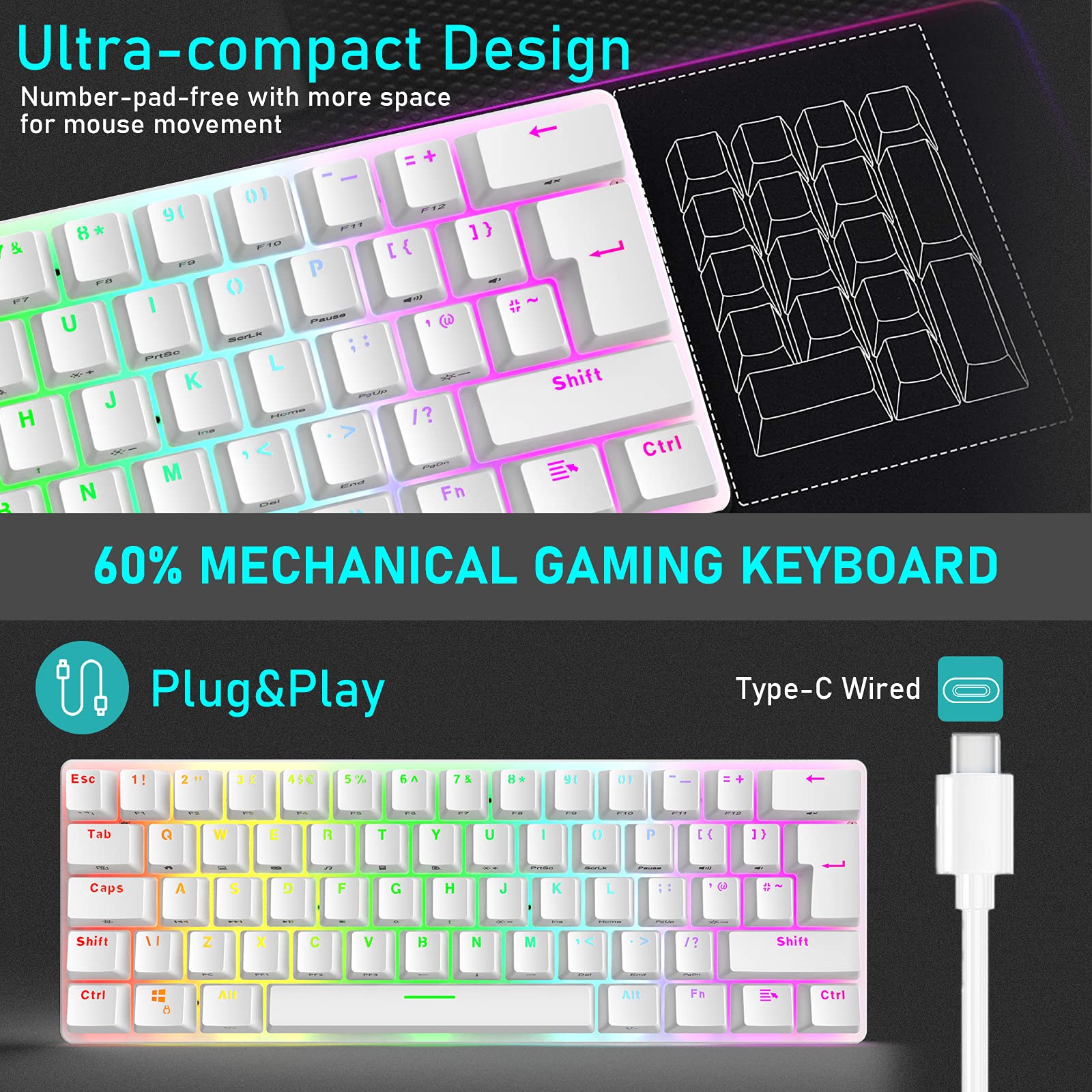 Compact 60% Mechanical Gaming Keyboard with Ergonomic Anti-ghosting Mini 61 Key Layout Rainbow RGB Backlight Waterproof Metal Plate Type-C USB Wired for PC Mac Gamer Office Typist (White/Red Switch)