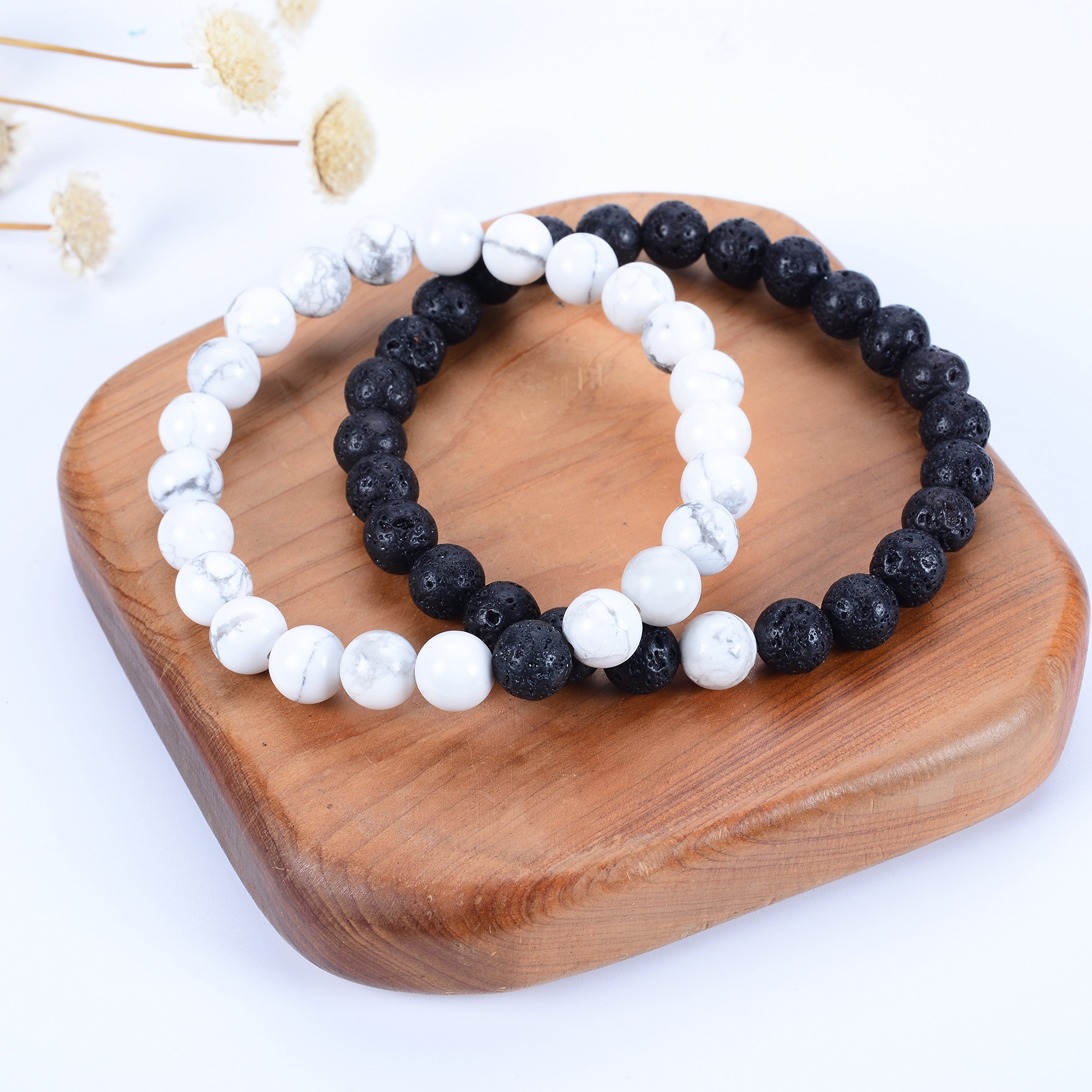 Cherry Tree Collection Couples Distance Bracelets | His and Hers | Gemstone Beaded Stretch Bracelets 8mm Round Beads (Matte Black Agate and Matte Clear Quartz - Large/Medium)