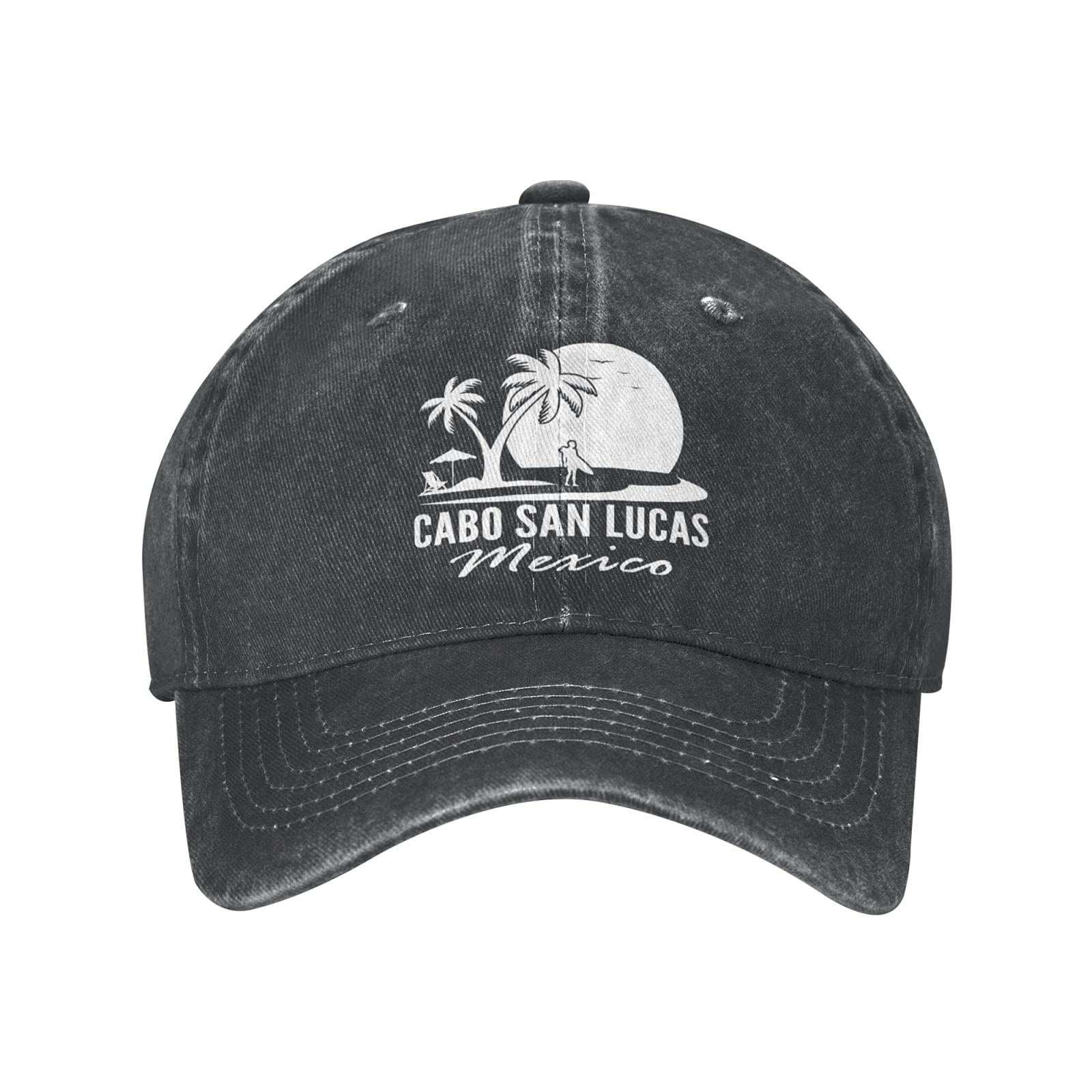 Cabo San Lucas Mexico Beach Sunset Palm Trees Ocean Surfer Denim Hats Trucker Baseball Adjustable Hat for Adult (Black)