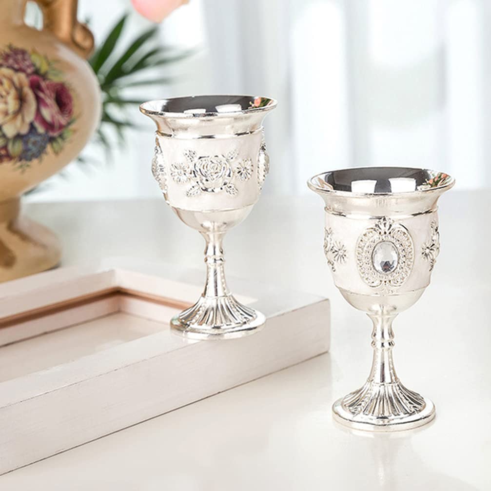 DOITOOL Wine Goblet Metal Wine Glass Gem Inlay Style Zinc Alloy Goblet Carved Liquor Goblets Stem- Cup Stemware for Party Decorations Wedding Prop (Silver, Random Flower Pattern)