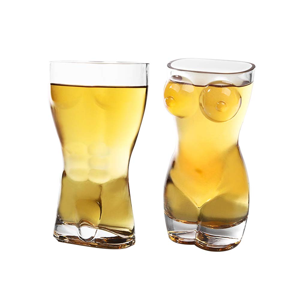 DKY Whiskey Glasses - Beer Stein Male Female Shaped Custom Design Shot Glasses [Set of 2] - Tequila Vodka Whiskey Bourbon Funny Durable Style - 2.1 & 2.1ounce