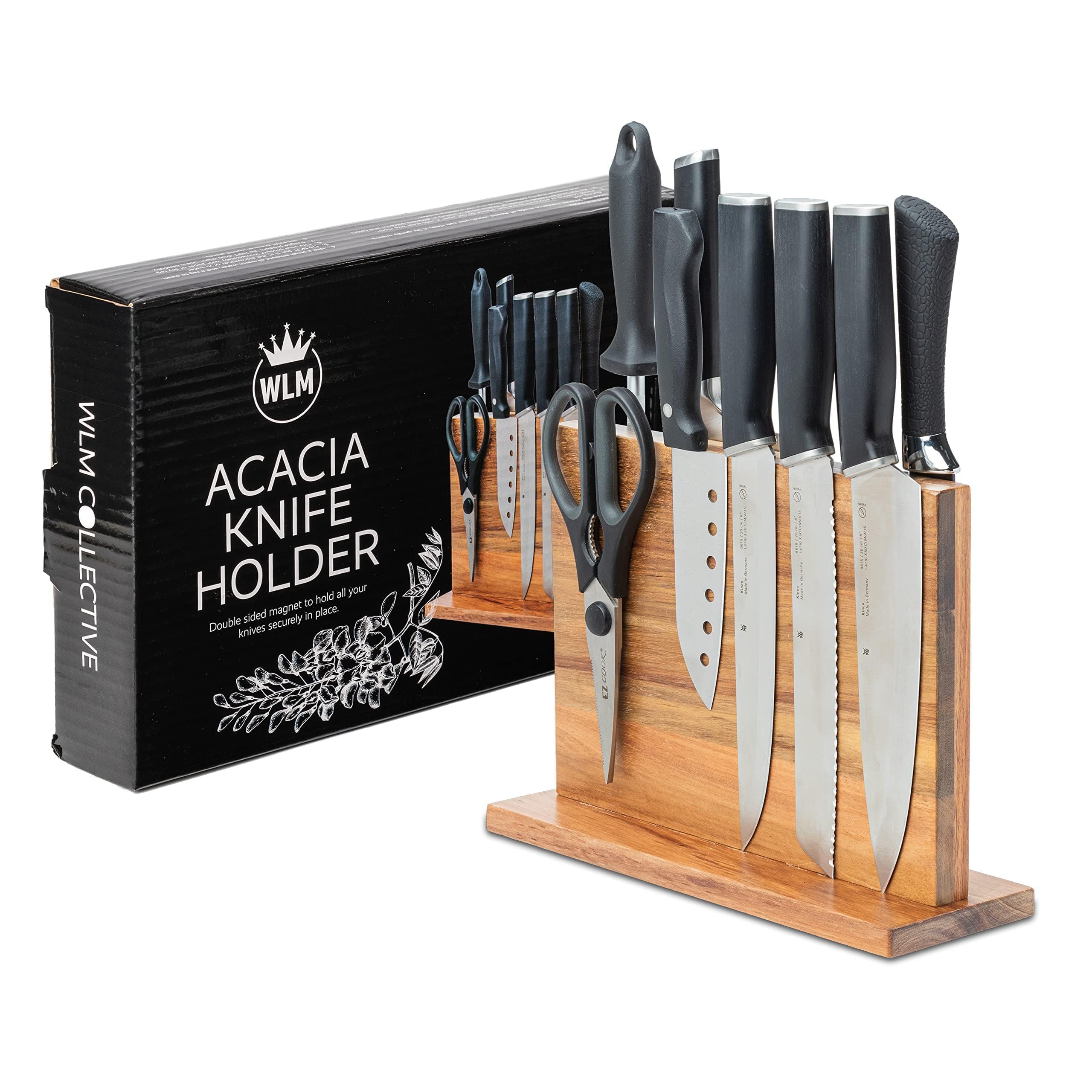 WLM Magnetic Knife Holder - Fully Assembled 12x9 In. Double-Sided Magnetic Knife Block with Strong Magnets, Acacia Wood, Multifunctional Storage Rack
