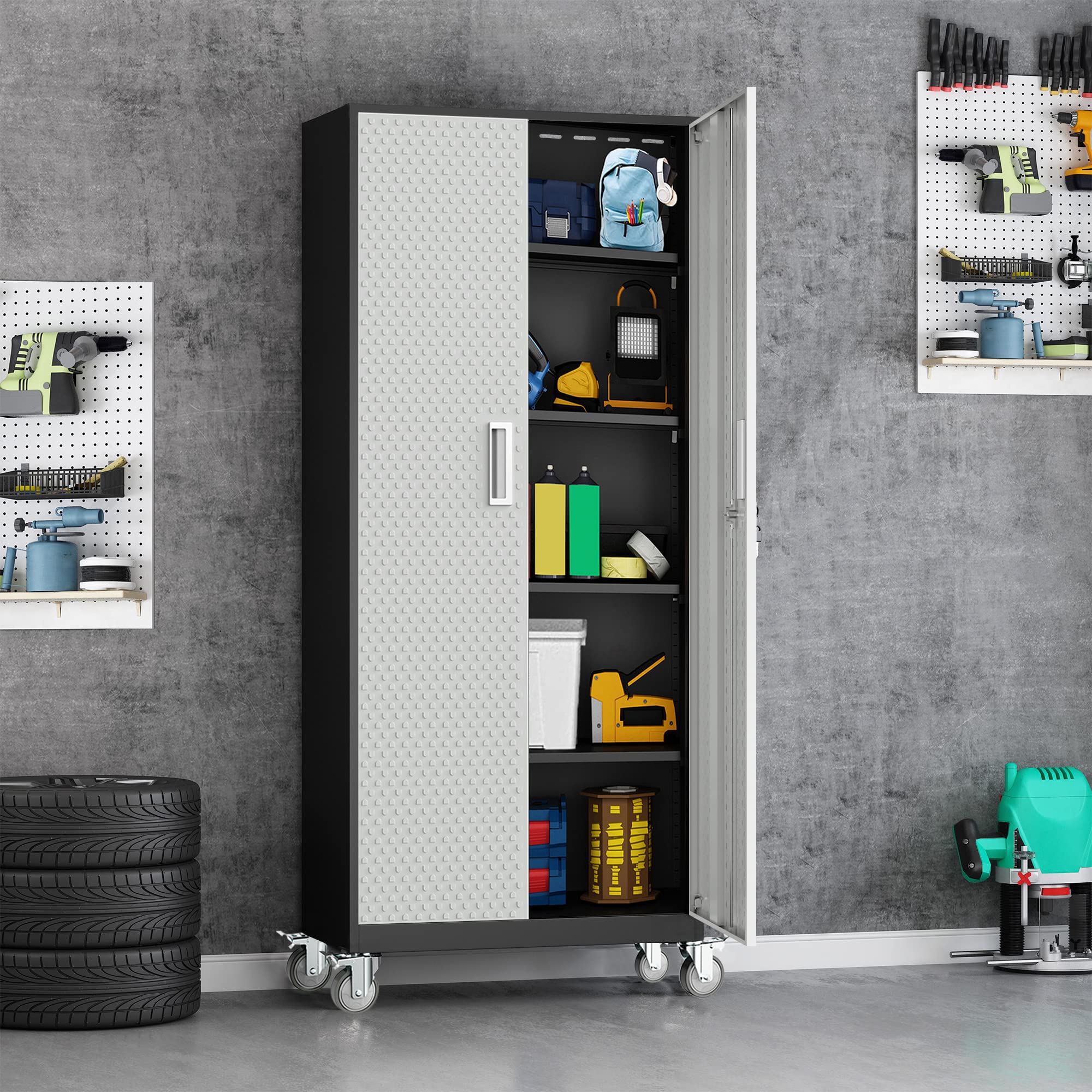 Tall Metal Garage Storage Cabinet, 72" Tool Storage Cabinet Utility Locker with Wheels, Adjustable Shelves & Locking Doors- Pantry Cabinets for Kitchen, Bathroom, Laundry Room, Basement Organization
