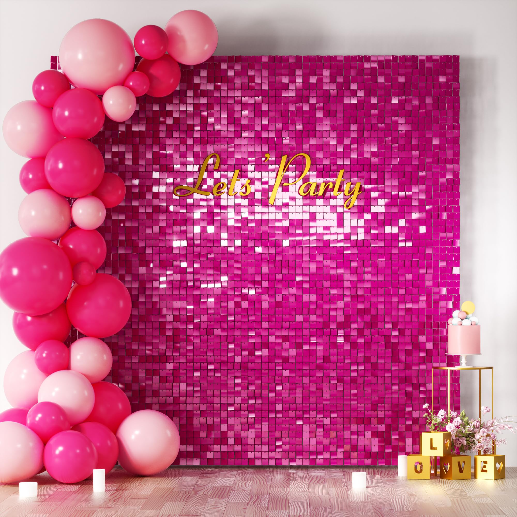 COKAOBE Hot Pink Shimmer Wall Backdrop, 30PCS Square Sequin Shimmer Backdrop Panel, Photo Backdrops for Birthday, Anniversary, Wedding, Graduation & Bachelorette Party Decoration