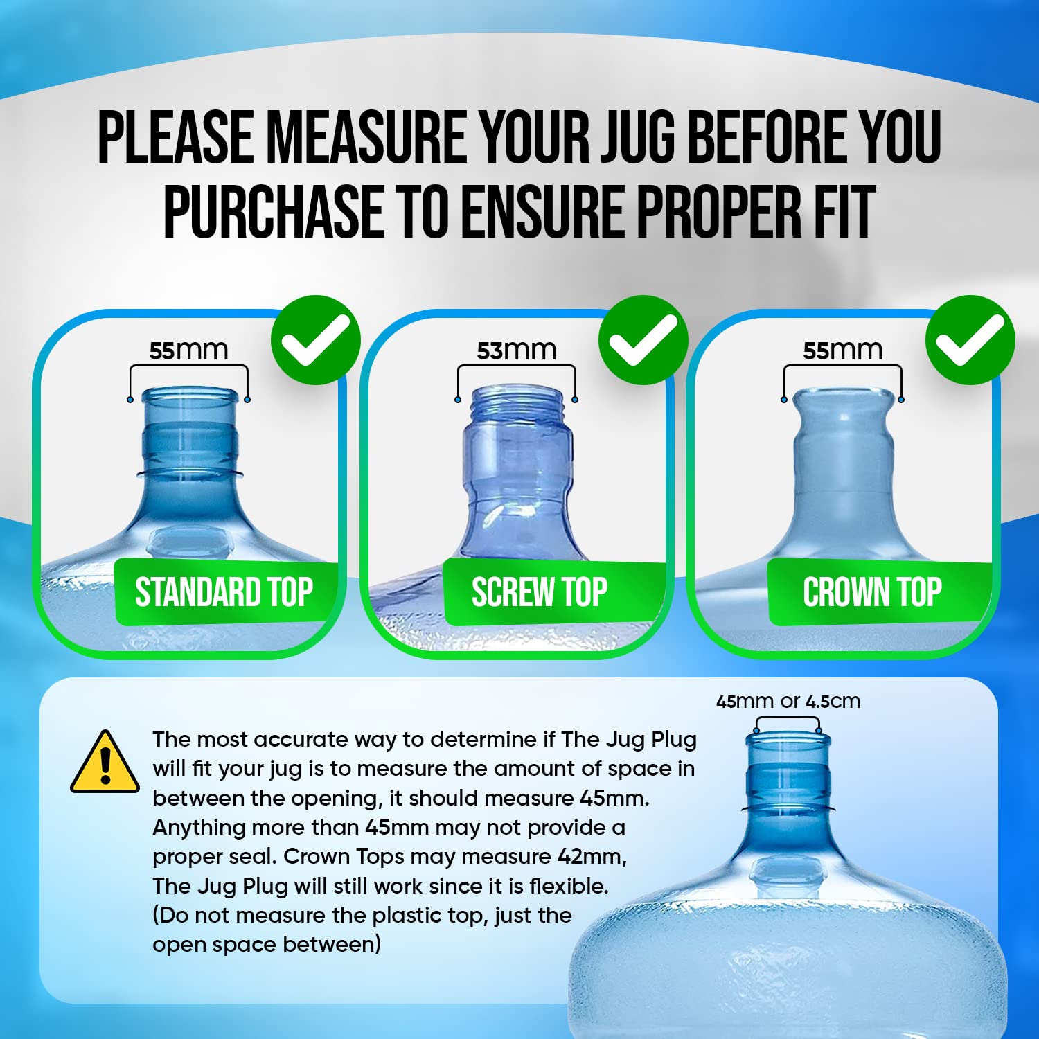 Jug Plug The Original 5 Gallon Water Jug Cap Reusable - No Spill Silicone 3 & 5 Gallon Water Jug Lid Fits 55mm Bottles with a 45mm Opening - Leak-Proof 5 Gal Water Jug Cap Replacement Cover - 3 Pack