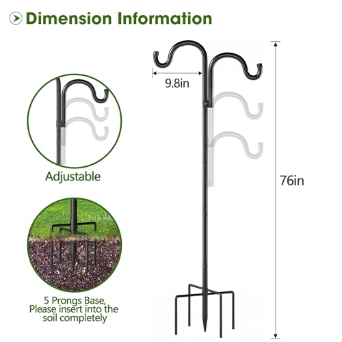 Double Shepherds Hooks for Outdoor,76" Heavy Duty Bird Feeder Pole with 5 Prong Base, Adjustable Shepherds Hook for Bird feeders Outside, Garden, Weddings, Hanging Plants
