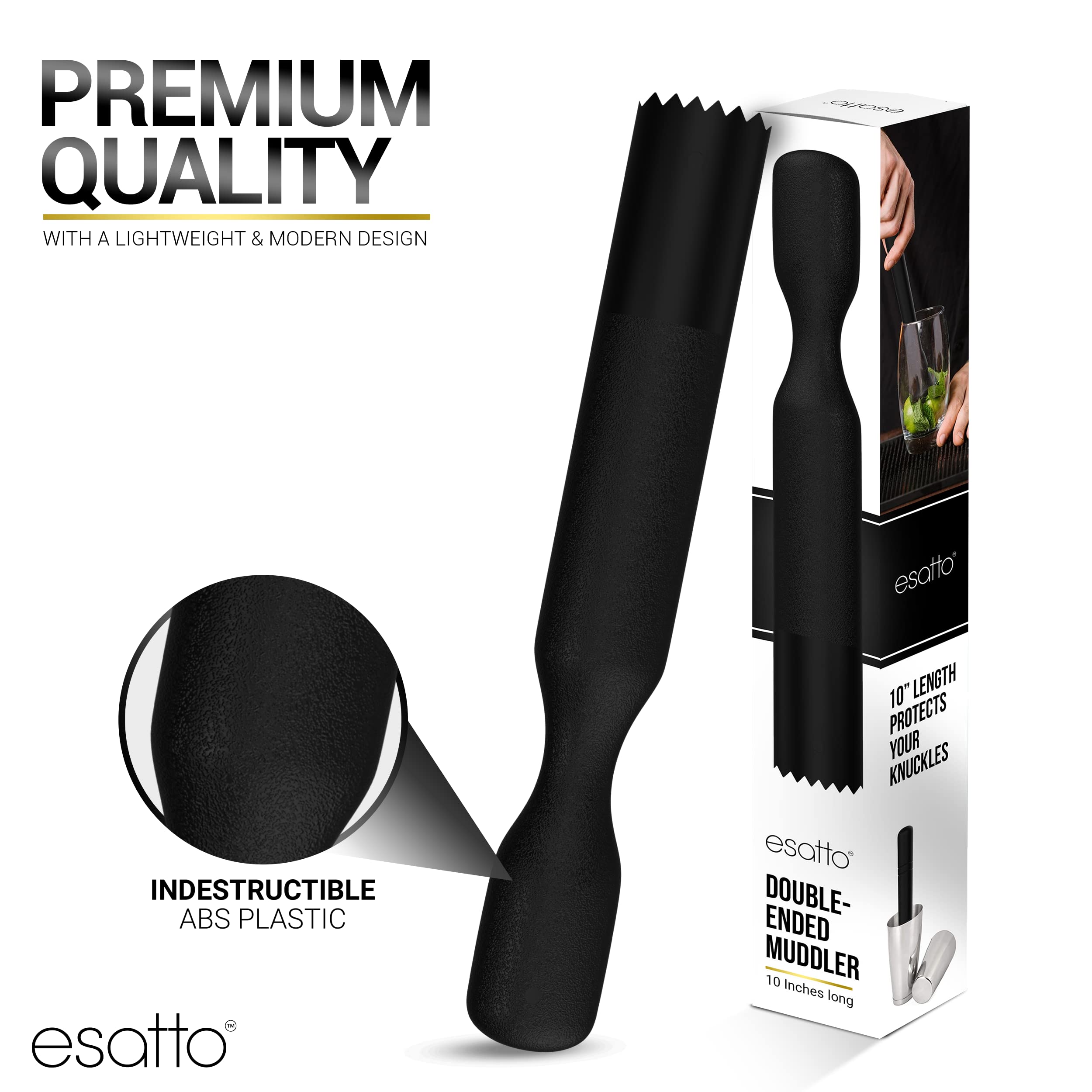 Esatto Professional Bar Tool Muddler 25 CM (10 Inches) Ribbed β Made with ABS Plastic β Durable and Ribbed for Mashing Fruits, Berries, Sugar, Spices, and Herbs (Black)