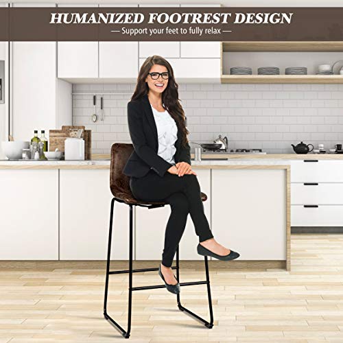 COSTWAY Set of 4 Bar Stool, Vintage Faux Suede Bar Stools, with Metal Legs, Back and Footrest, Upholstered Stool Chairs for Home Kitchen, Pub (Grey, 4)