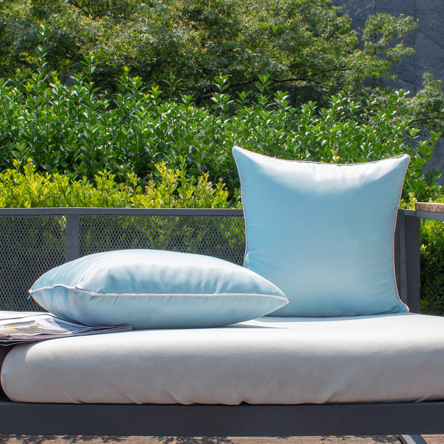 Kevin Textile Patio Furniture Pillows Outdoor Waterproof Pillow Covers with White Piping for Garden Couch, 2 Pieces, 20"x20", Light Blue