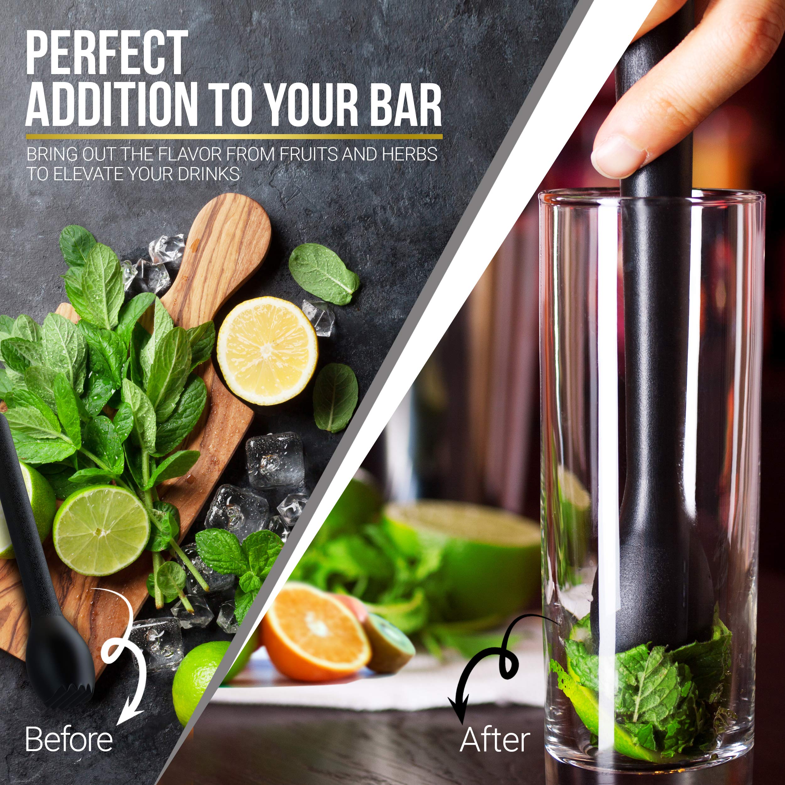 Esatto Professional Bar Tool Muddler 25 CM (9 Inches) Ribbed β Made with ABS Plastic, Black Set of 2 β Durable and Ribbed for Mashing Fruits, Berries, Sugar, Spices, and Herbs