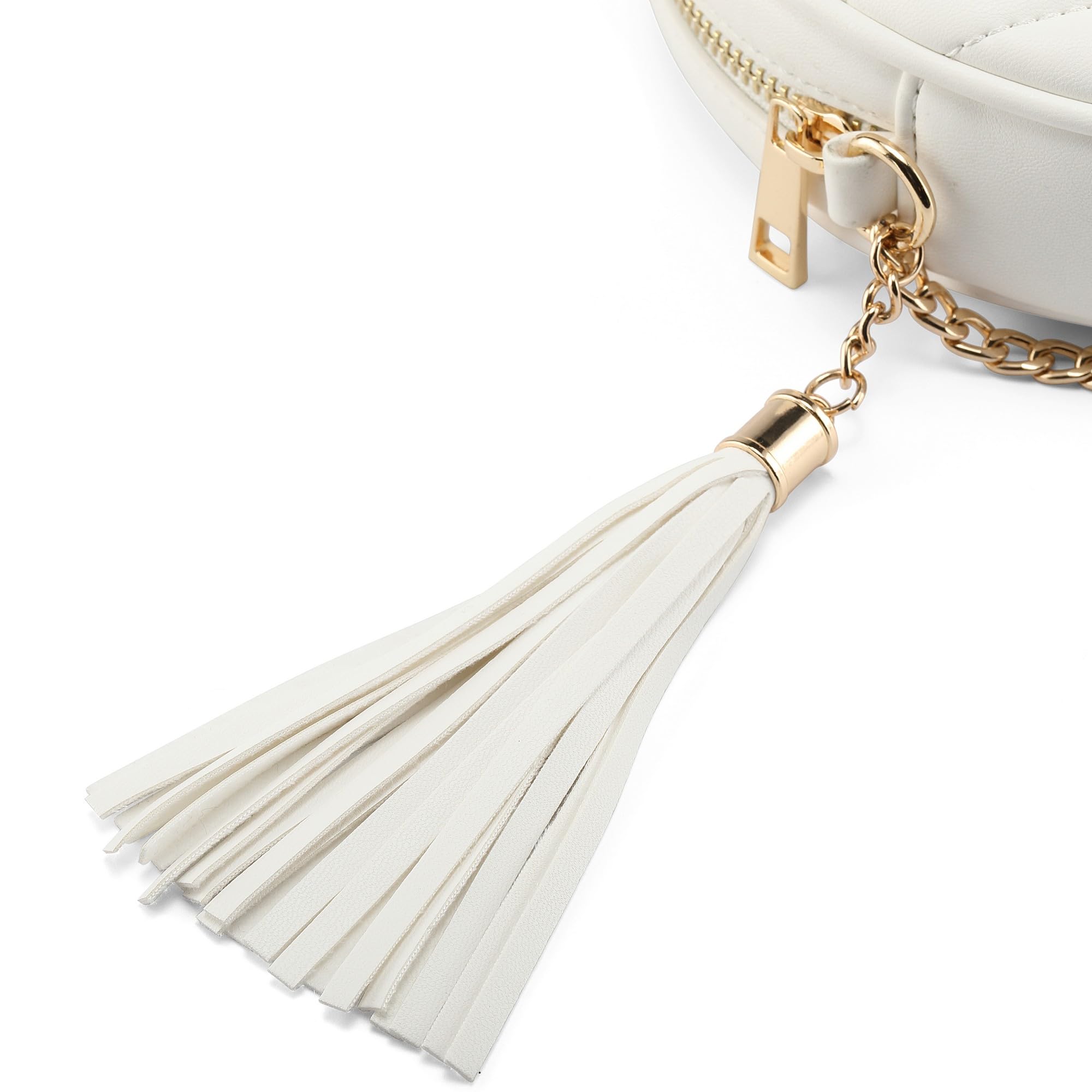 CHIC DIARY Small Crossbody Bags for Women Round Quilted Purse with Tassel Faxu Leather Shoulder bag (White)