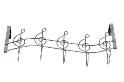 Southern Homewares Music Note Treble Clef Shape Over The Door Metal Rack, 5 Hanger Hooks Chrome Plated