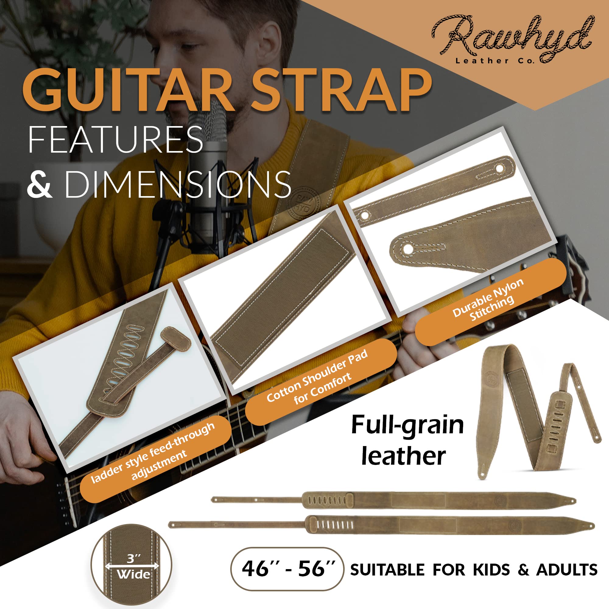 Dark Brown Leather Guitar Strap (46" - 56") Adjustable Leather Straps - Padded Bass Guitar Strap - 2.5" Leather Guitar Straps Acoustic & NO Guitar Rash - Leather Acoustic Guitar Strap for Bass