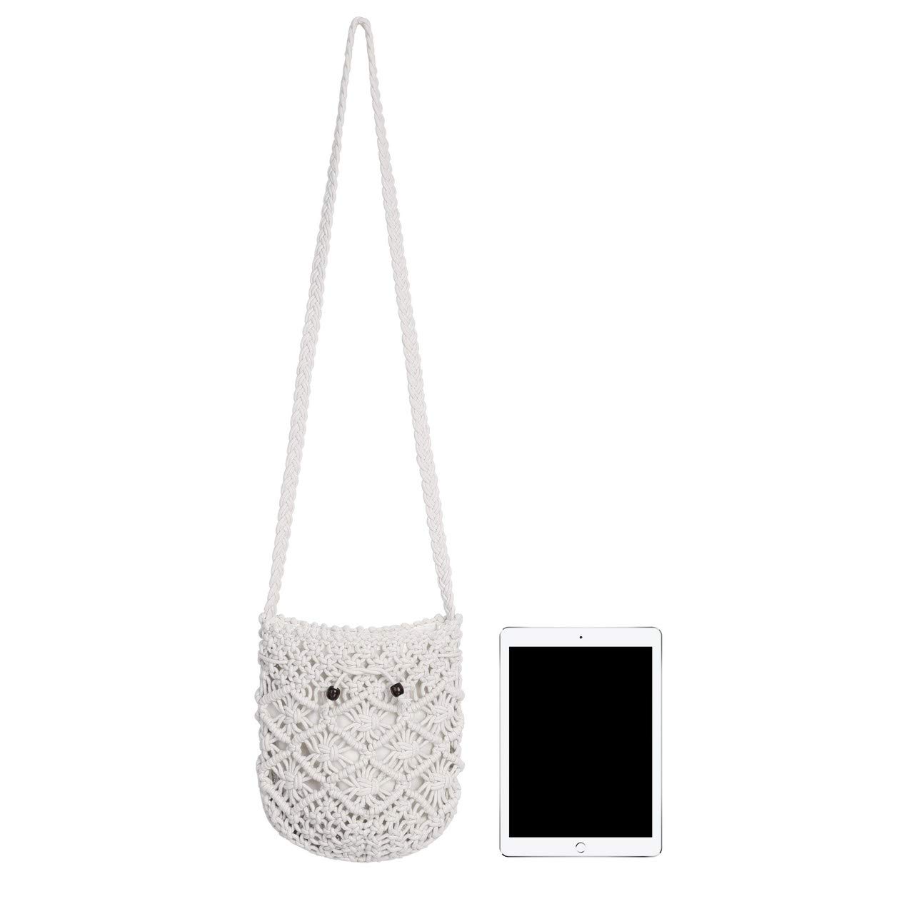 CHIC DIARY Women Cotton Crochet Crossbody Bag Handmade Woven Beach Bohemian Shoulder Purse (White)